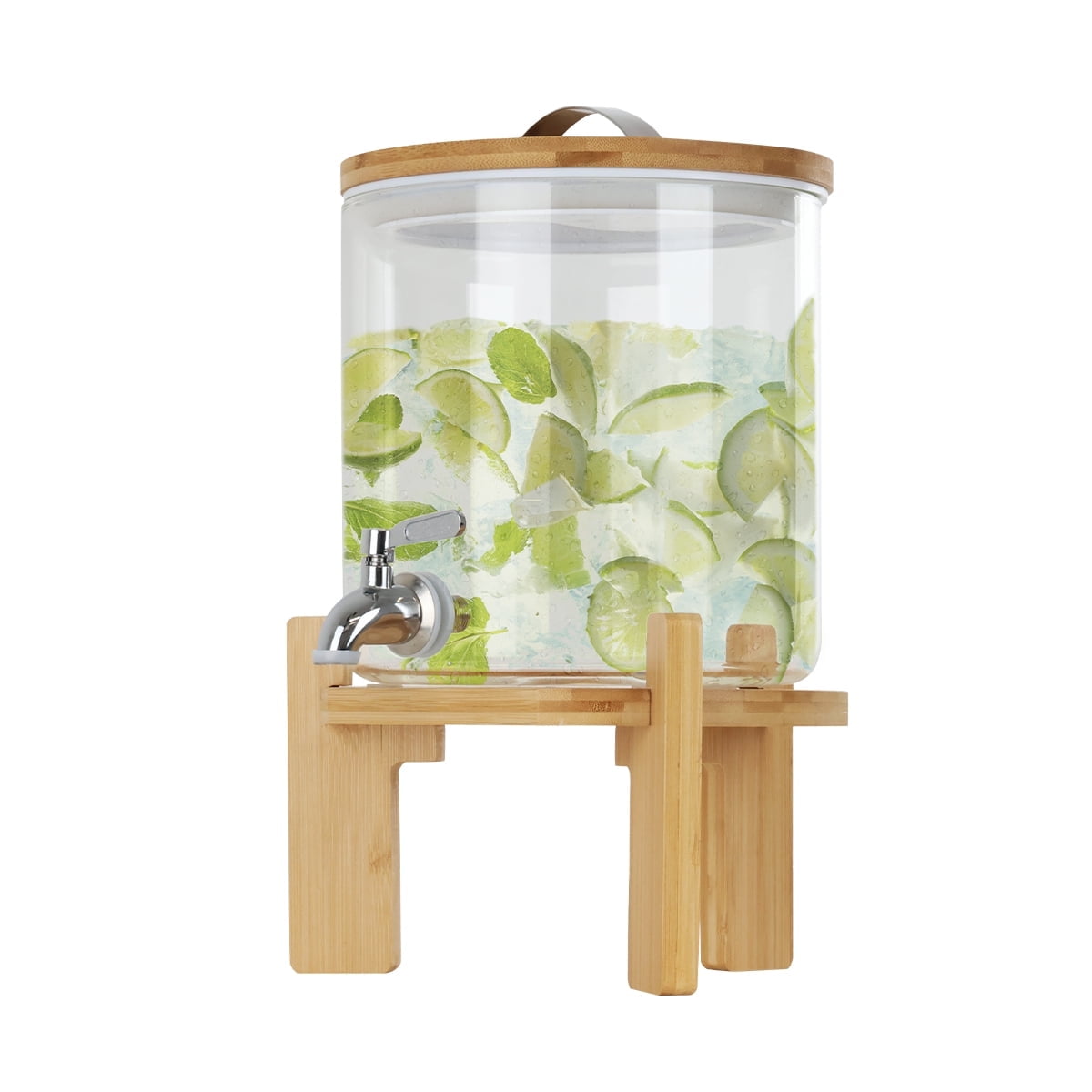 Glass Drink Dispenser with Wood Stand and Lid with Stainless Steel ...