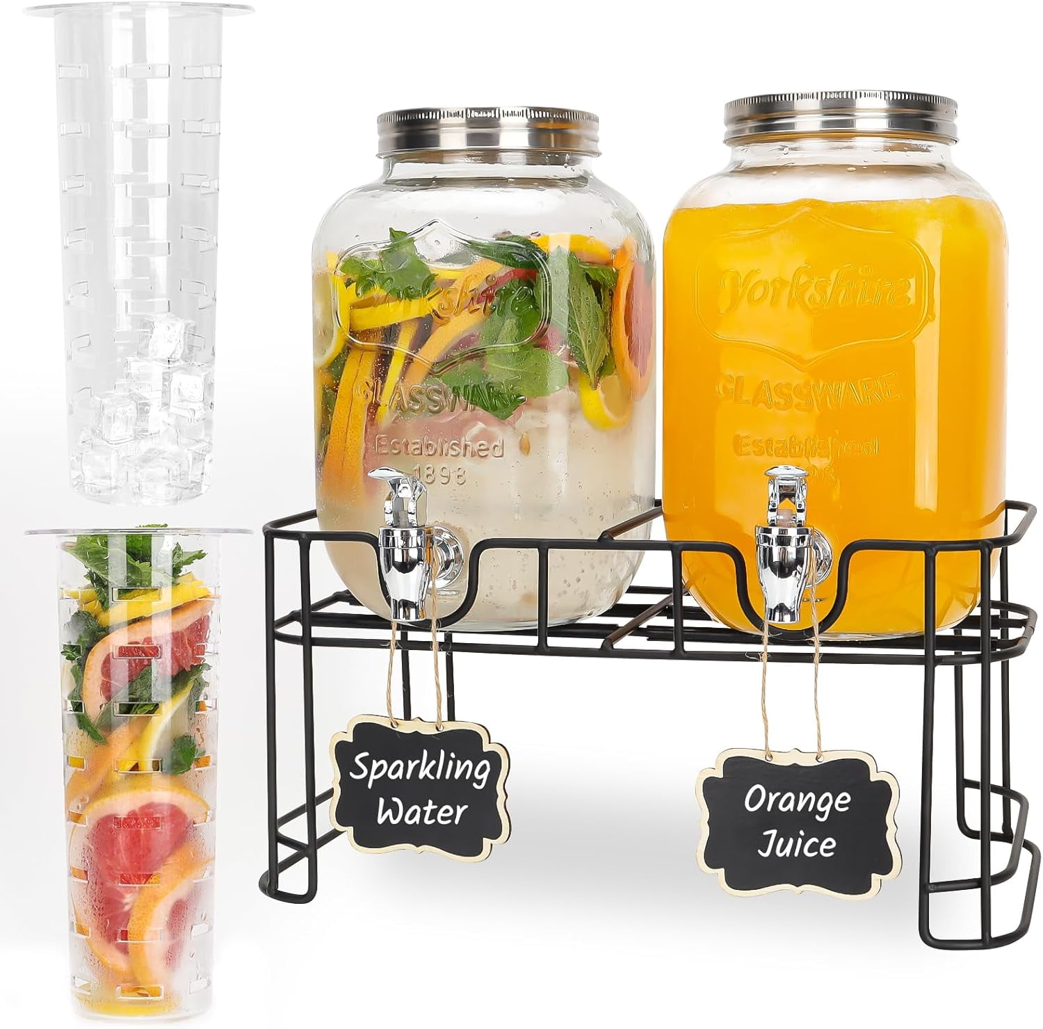 Glass Drink Dispensers For Parties, 2 PACK 1 Gallon Beverage Dispenser ...