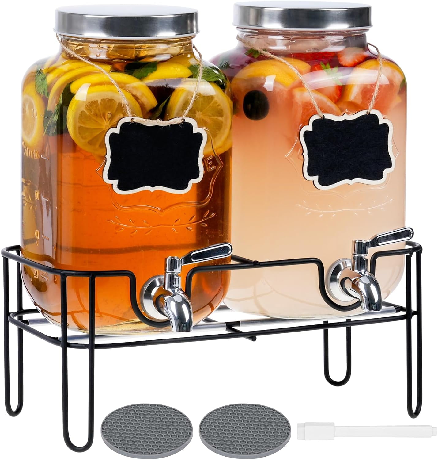 Glass Drinks Dispenser for Parties, 2 PACK 1 Gallon Beverage Dispenser ...