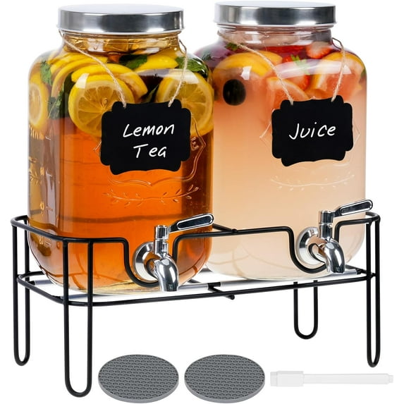 Glass Drinks Dispenser for Parties, 2 PACK 1 Gallon Beverage Dispenser ...