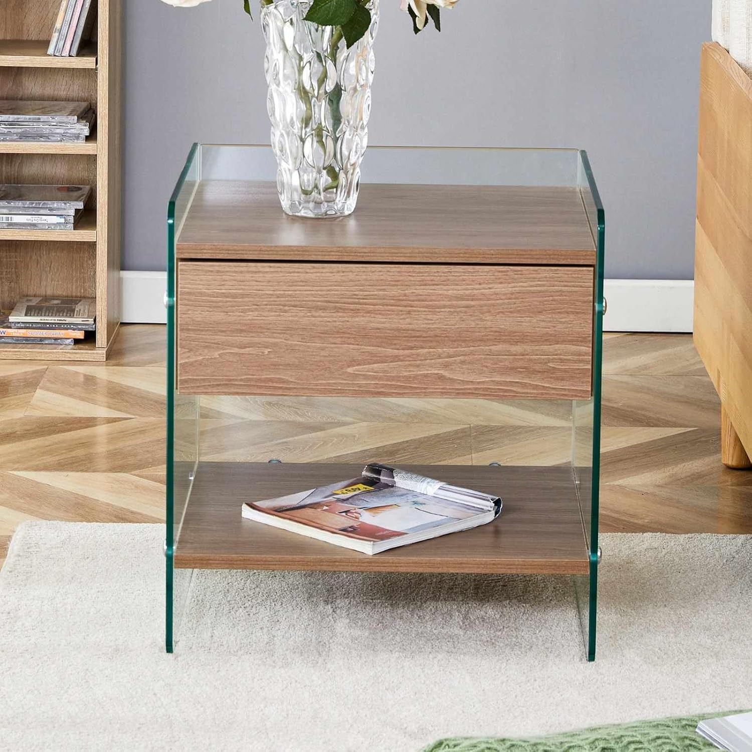 Glass End Table with Faux Wood Grain Drawer, Double-Layer Storage ...