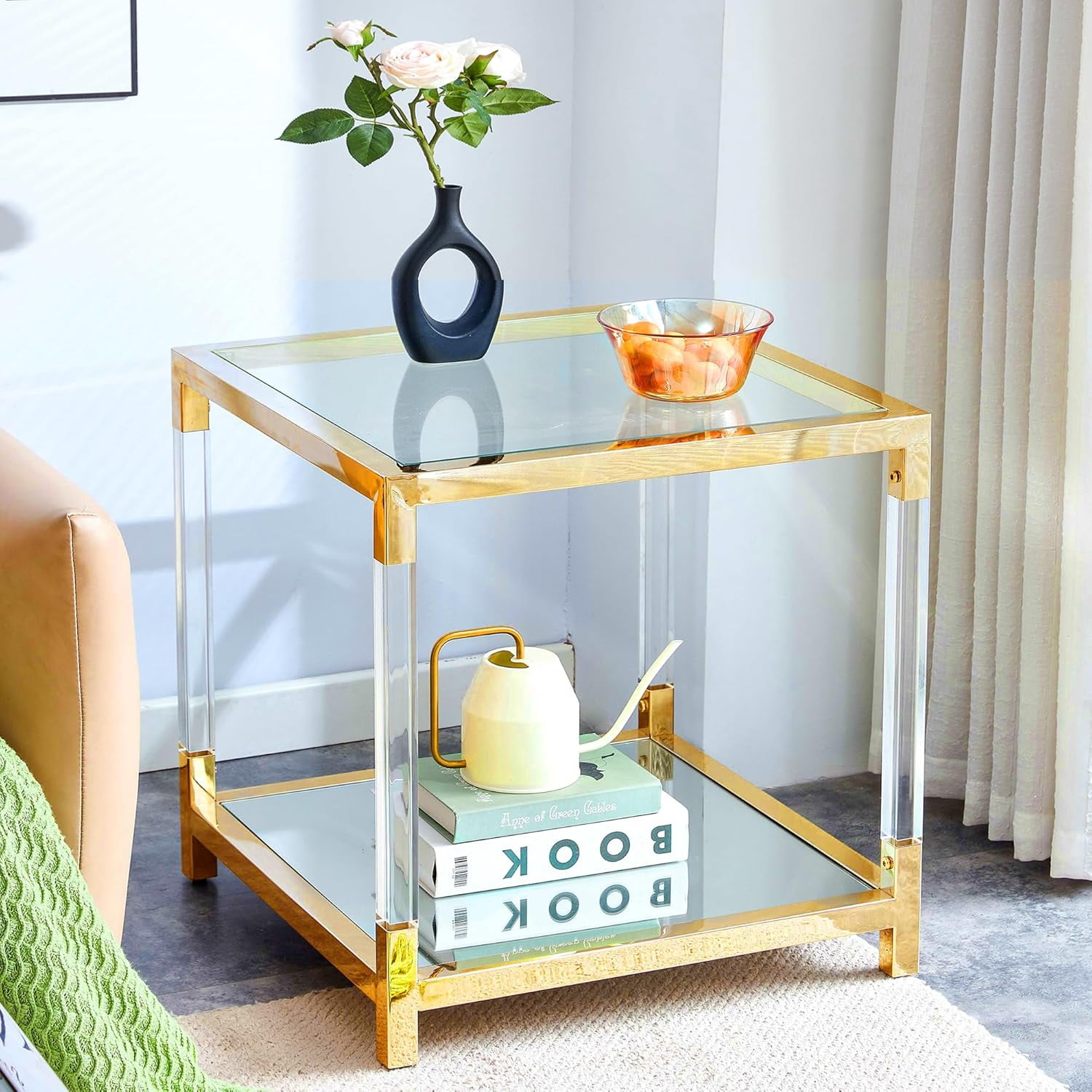 Glass End Table Modern Gold Living Room Table Acrylic Mirror Sofa Side ...