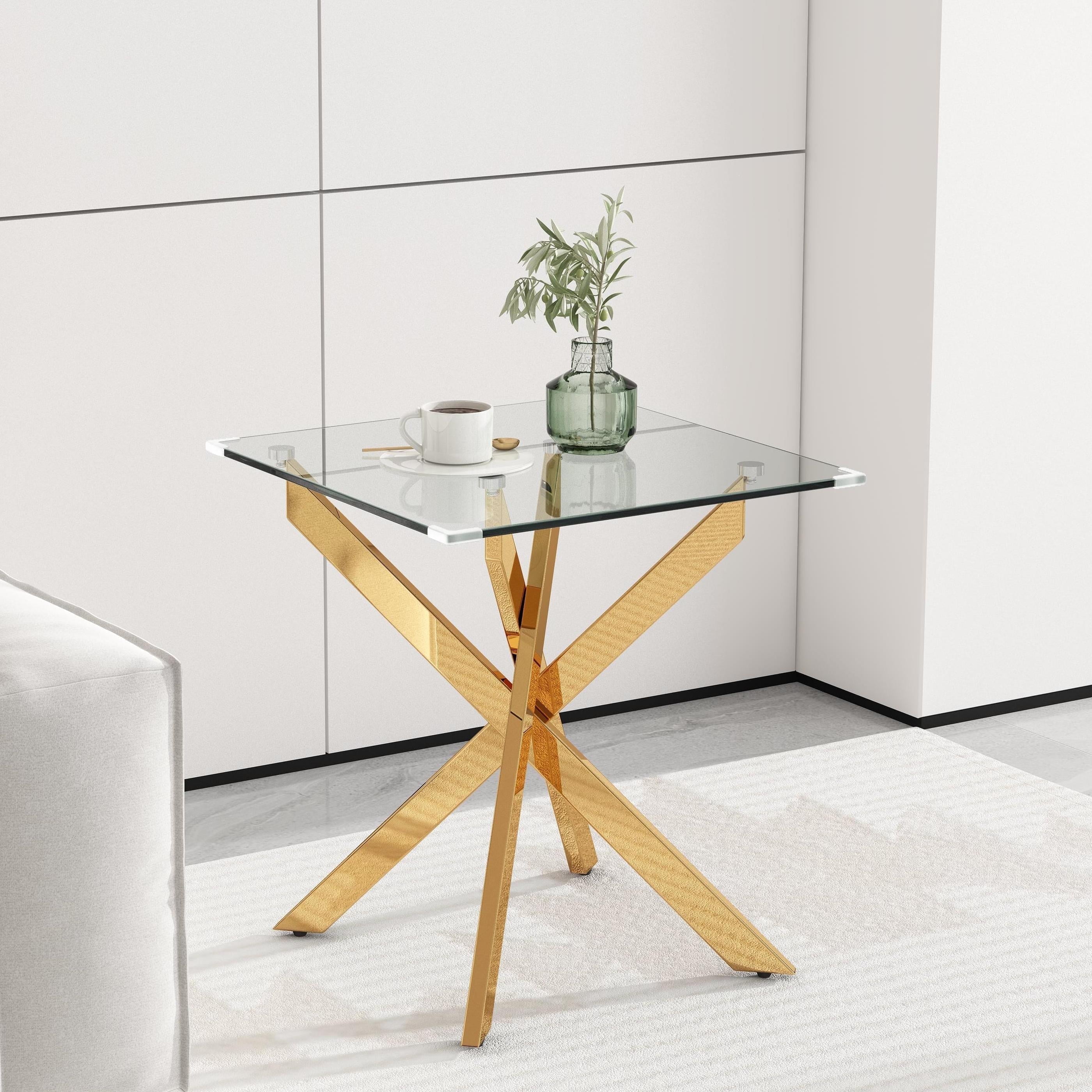 Glass End Table, Modern Square Side Table with Tempered Glass Top and ...
