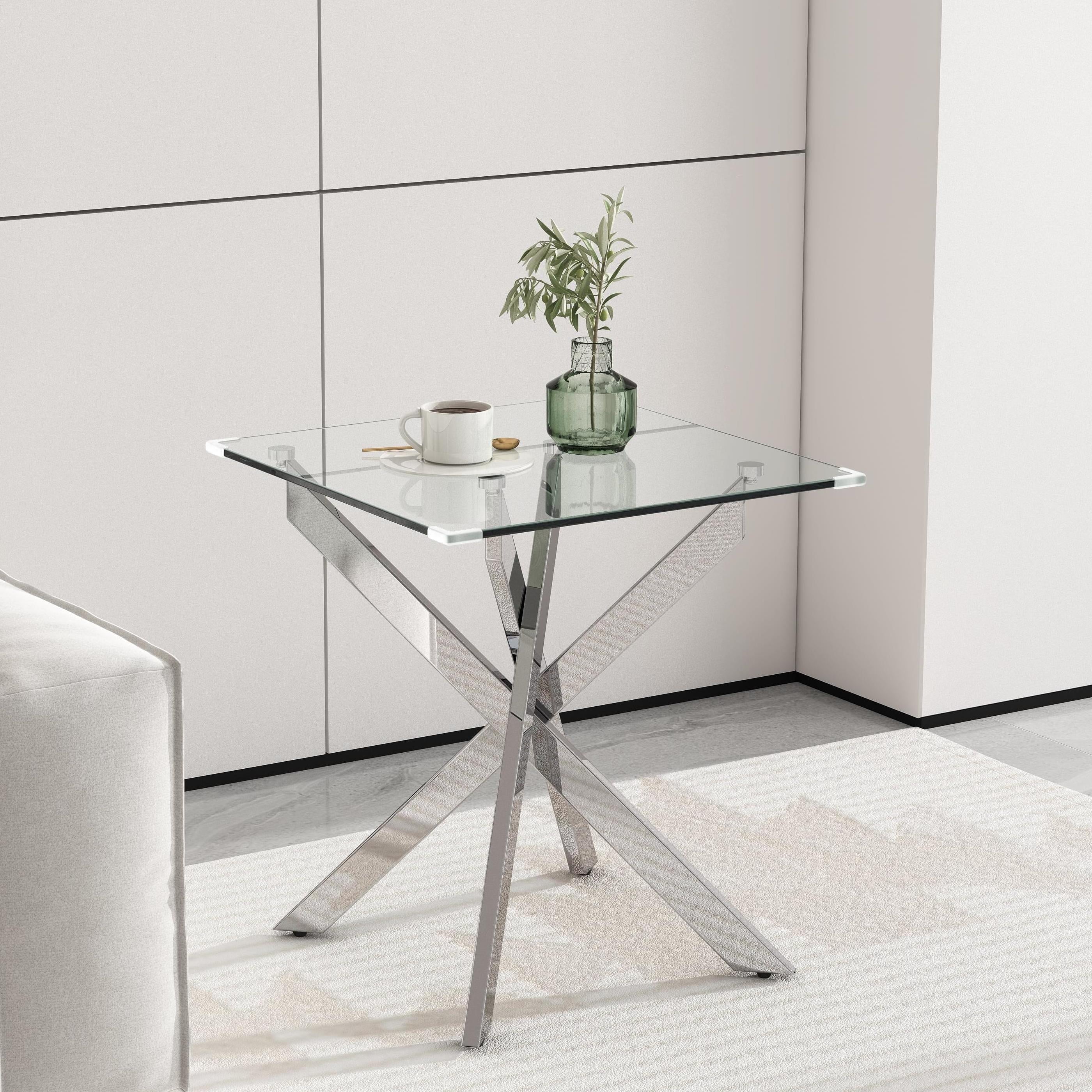 Glass End Table, Modern Square Side Table with Tempered Glass Top and ...
