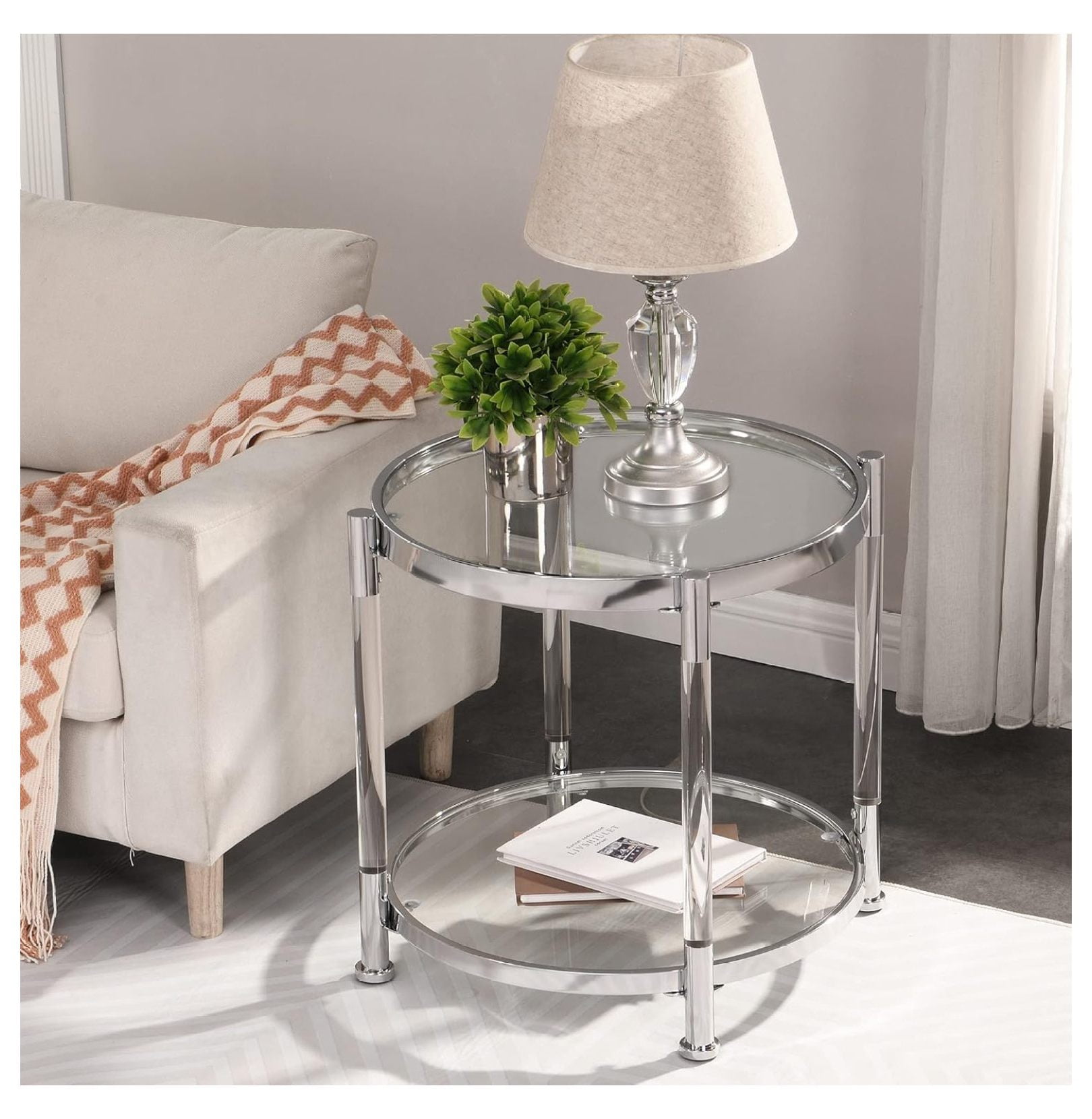 Glass End Table Round Chrome Silver Side Table Coffee Table Modern ...