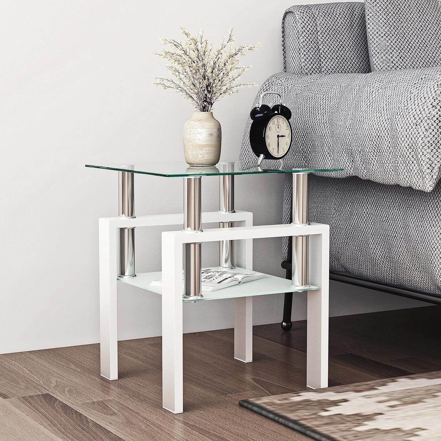 Glass End Table, Square Glass Side Table with 2-Tier Storage Small ...