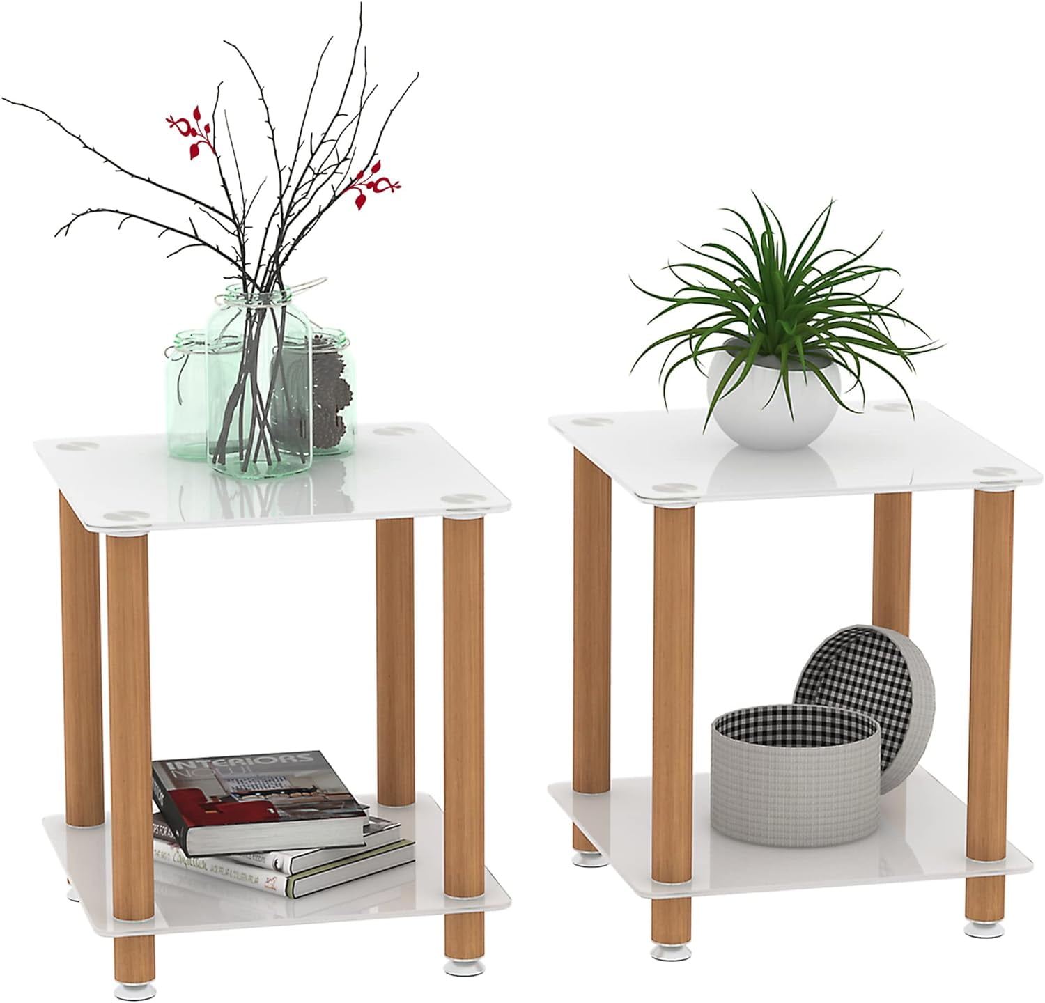 Glass End Tables Living Room Table Set of 2, Modern White Sofa Side ...