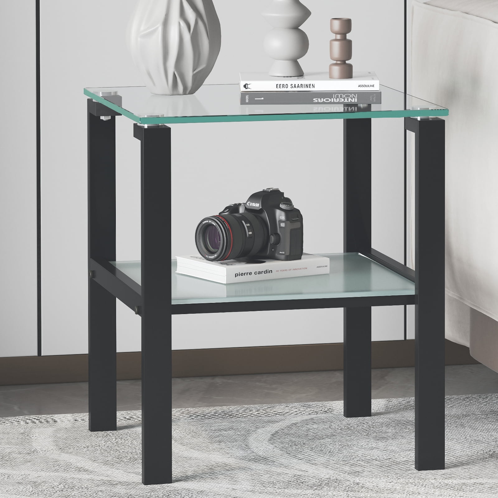 Modern Glass End Tables with Storage, Small Square Black Side Table for ...