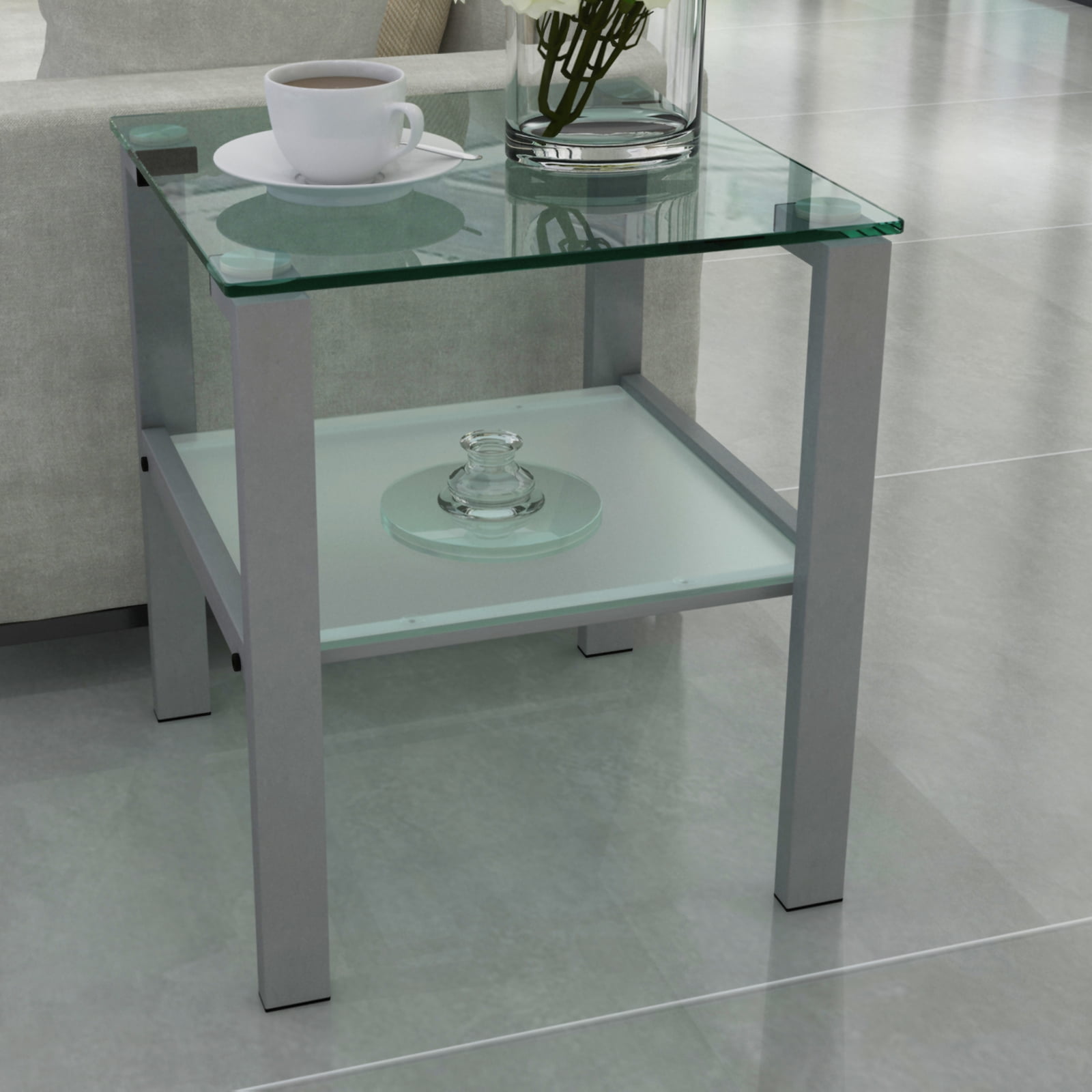 Glass End Tables, Small Glass Top End Table, Gray Side Table, Square ...