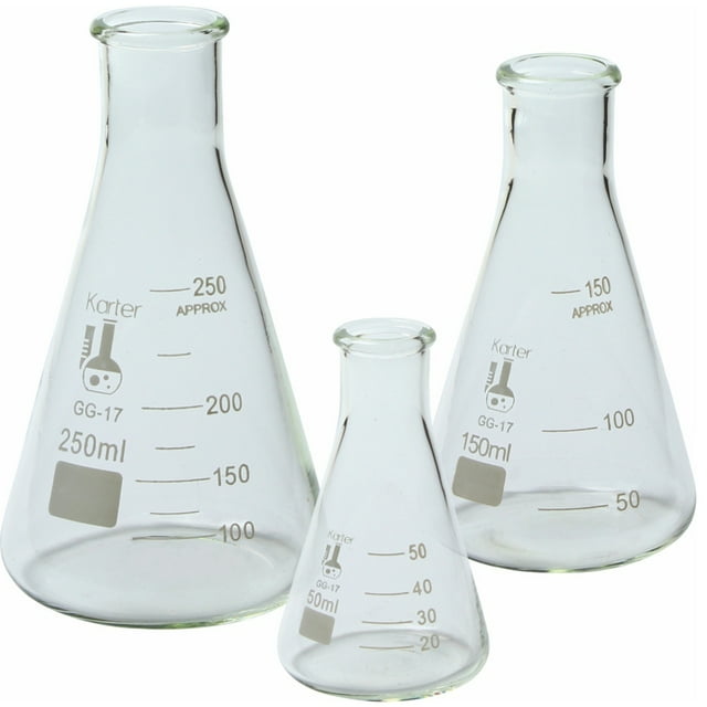 Glass Erlenmeyer Flask Set - 3 Sizes - 50, 150 and 250ml, Karter ...
