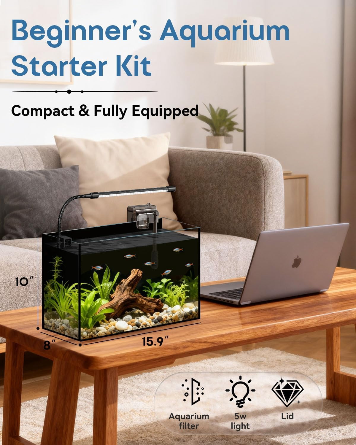 Glass Fish Tank Kit, 5 Gallon Betta Fish Tank Aquarium Starter Kit with ...