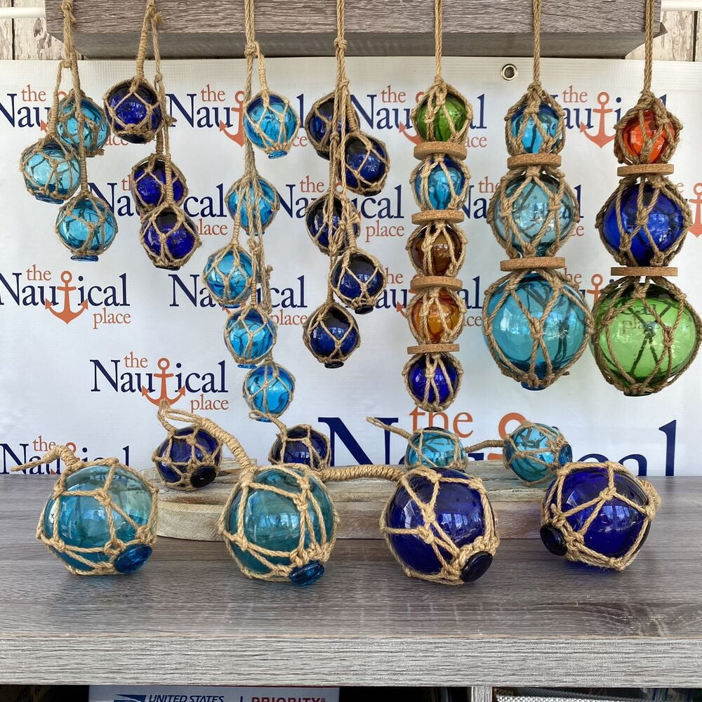 Glass Fishing Floats On Jute Rope - Red, Blue, Aqua, Green - Nautical ...