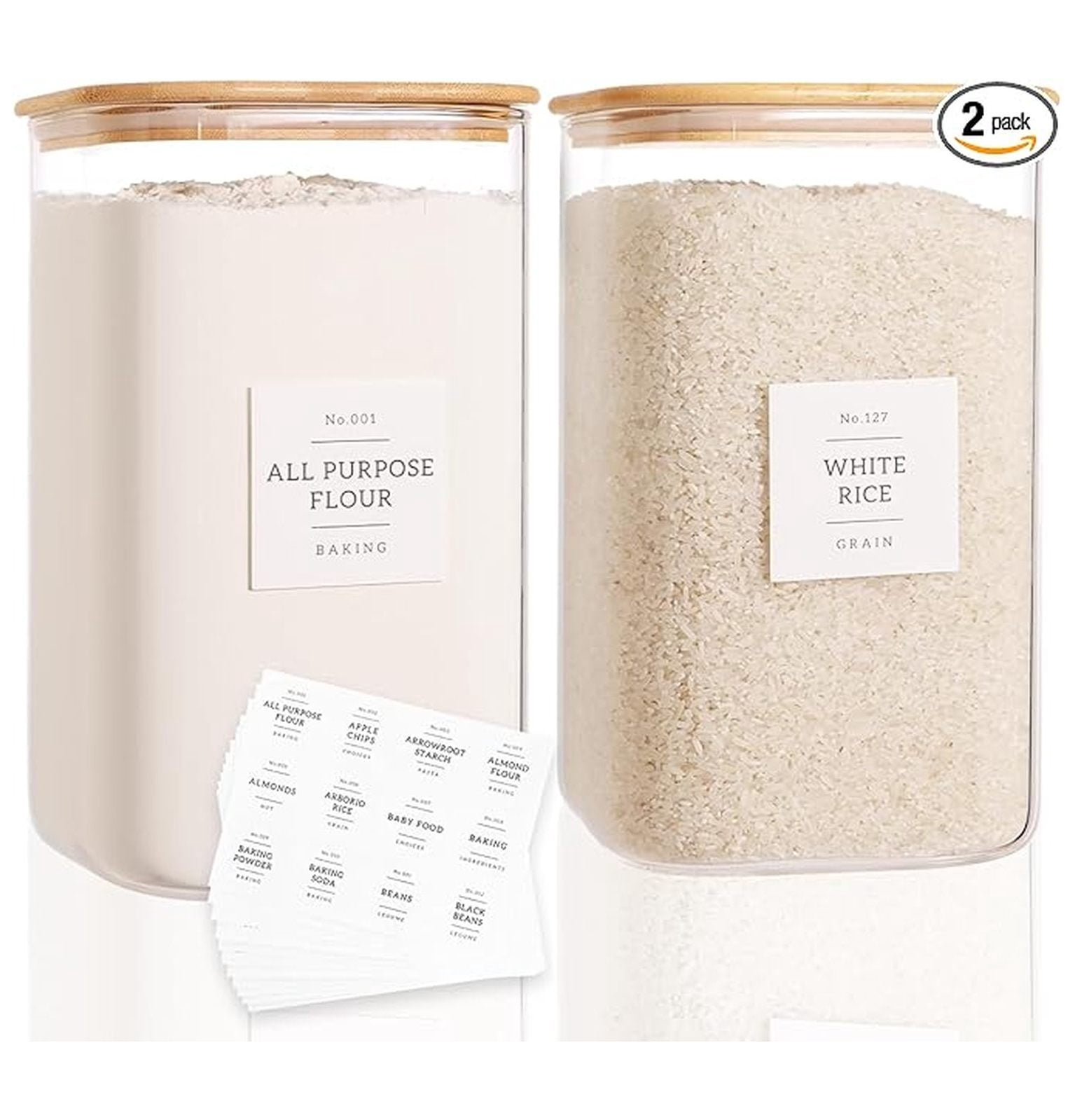 Glass Flour Sugar Containers 2 Pack, 149oz Airtight Jars with Labels ...