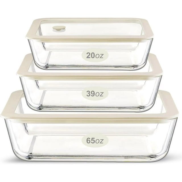 Glass Food Container Set with Glass Lid, Large Size 3 Pack, Glass Food ...
