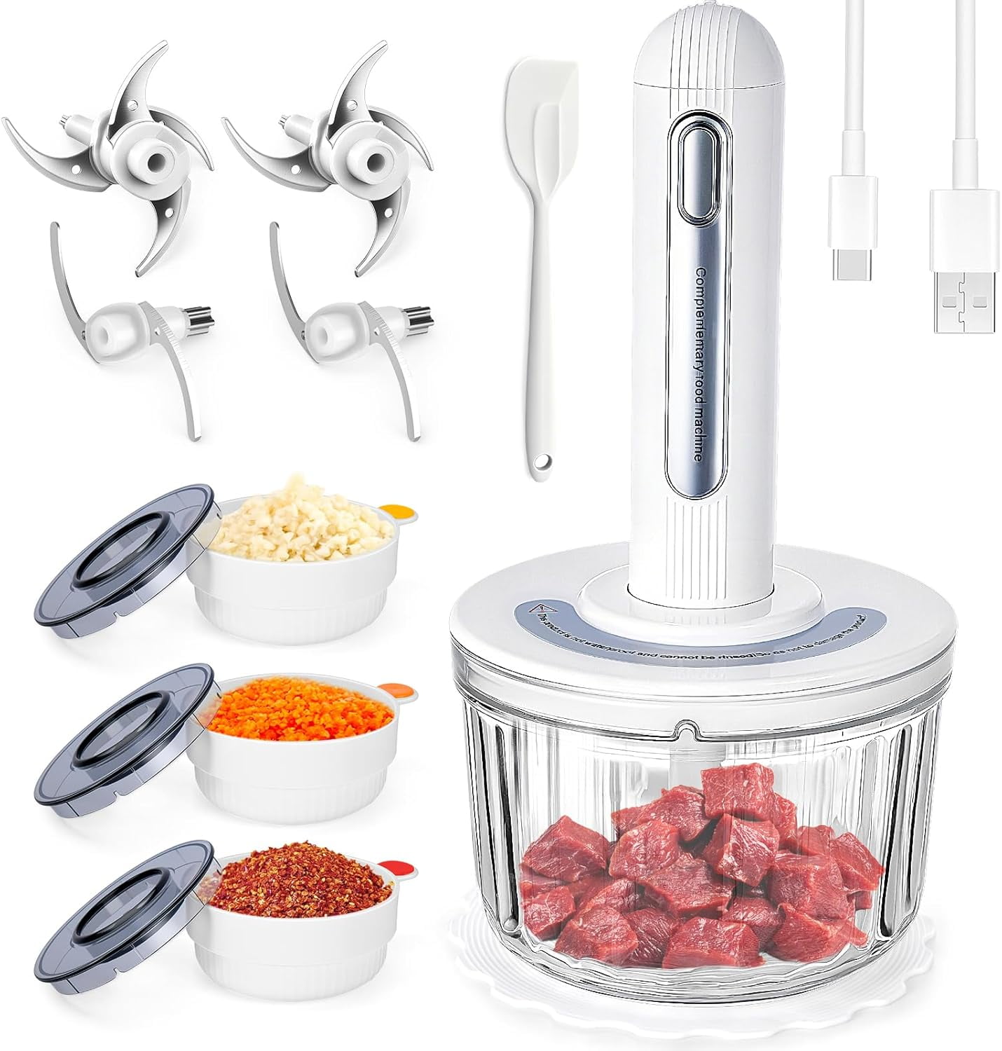 Glass Food Processor Small, USB Charging Wireless Electric Meat Grinder ...