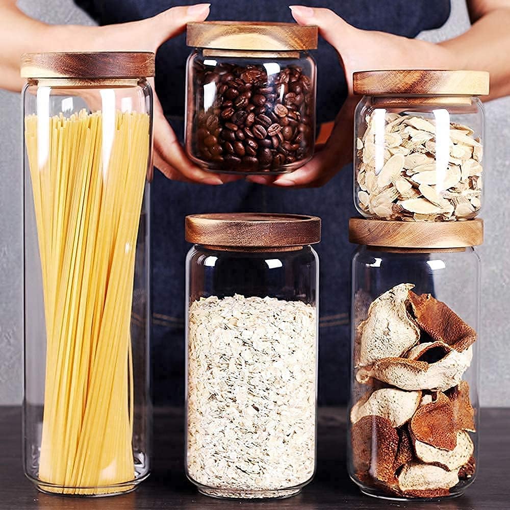Glass Food Storage Containers Set with Acacia Wooden Lids - 5 Canisters ...