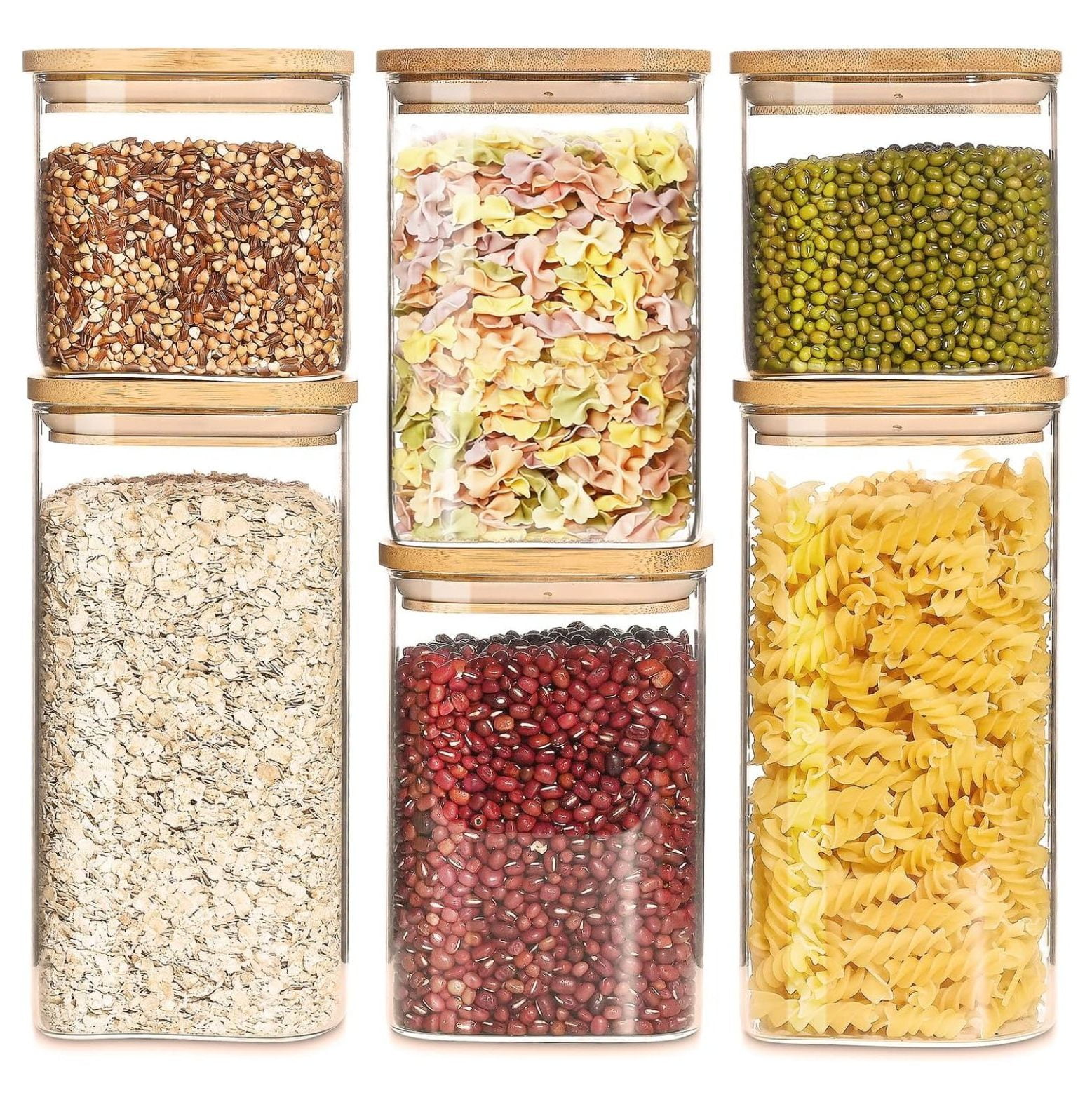 Glass Food Storage Jars with Bamboo Lids, Clear Square Airtight Kitchen ...