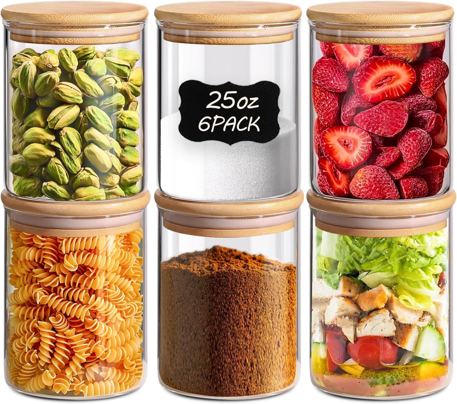Glass Food Storage Jars Set of 6, Clear Glass Storage Containers with ...