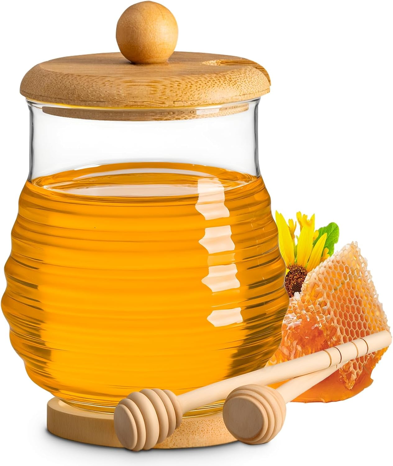Glass Honey Jar with Wooden Lid, Honey Jar with Dipper & Wooden Coaster ...