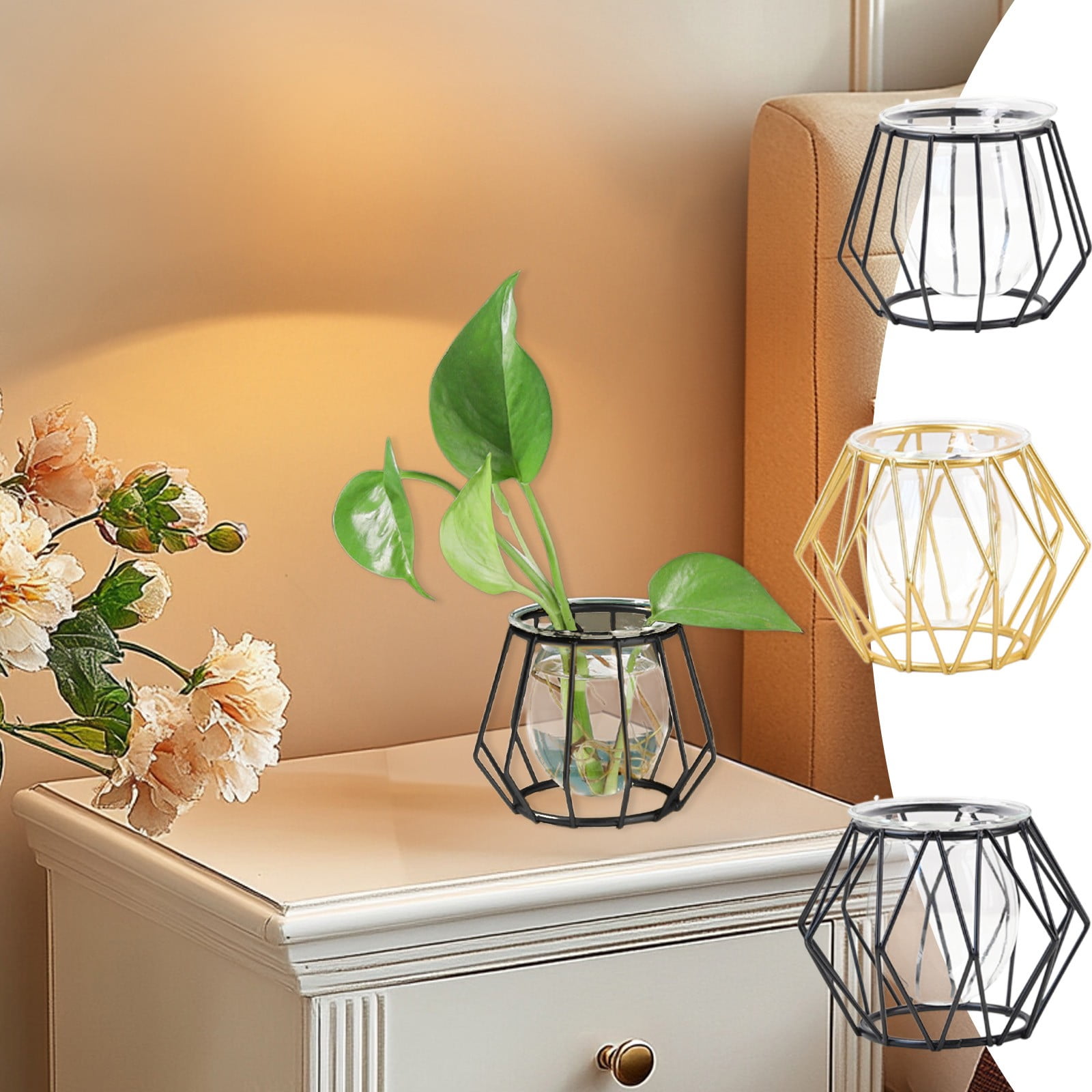 Glass Hydroponic Vase, Modern Home Decor, Self-Cleaning System, Elegant Green Ivy Display ...