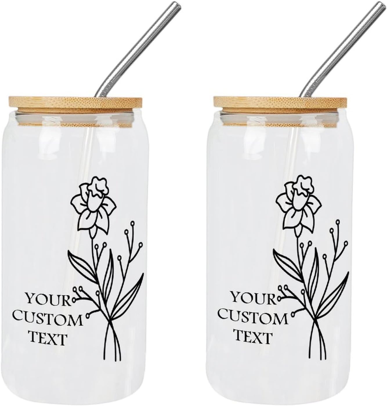 Glass Iced Coffee Cup With Bamboo Lid And Straw 16 Oz Birth Flower Iced ...