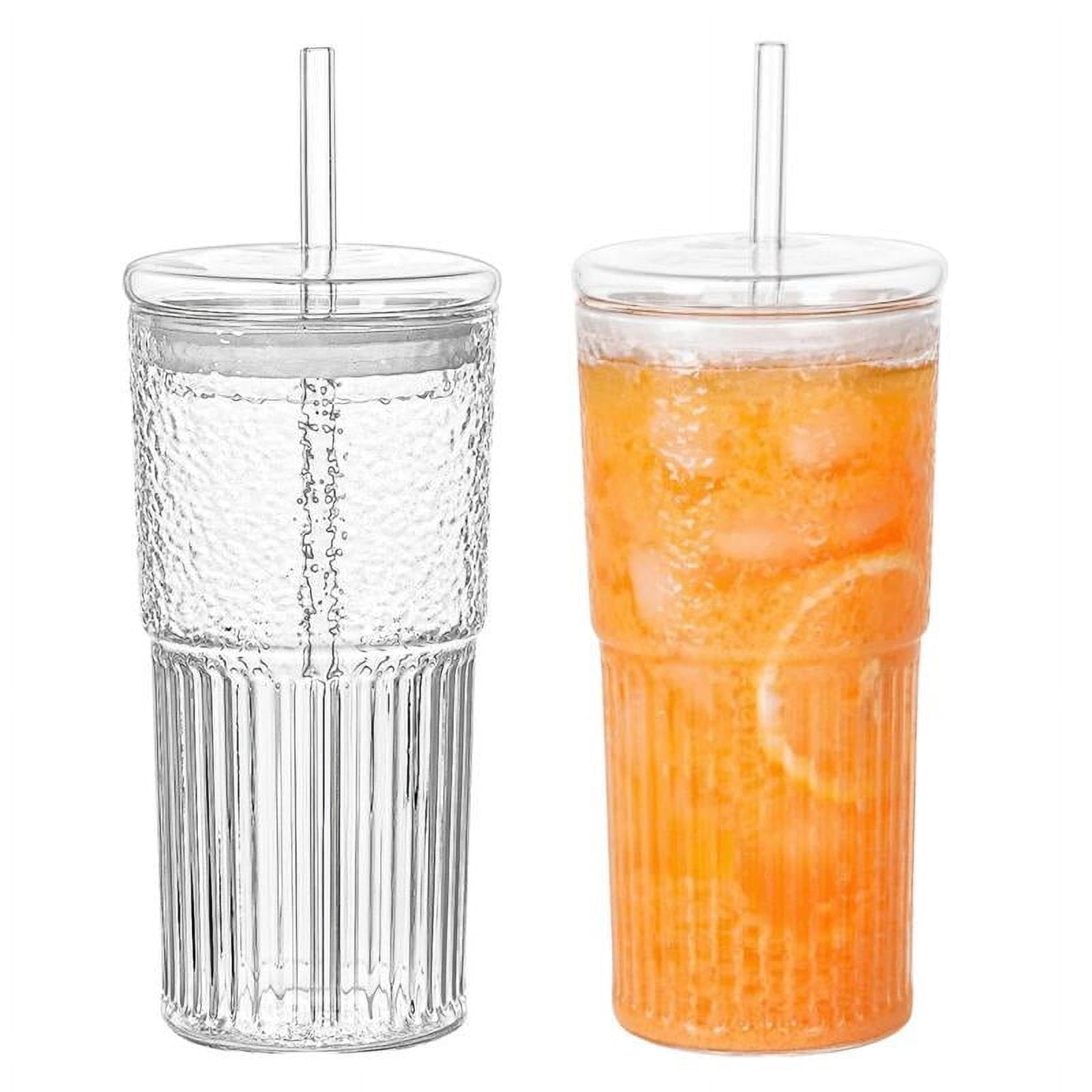 Glass Iced Coffee Cup With Lids and Straws,20OZ High Borosilicate Glass ...