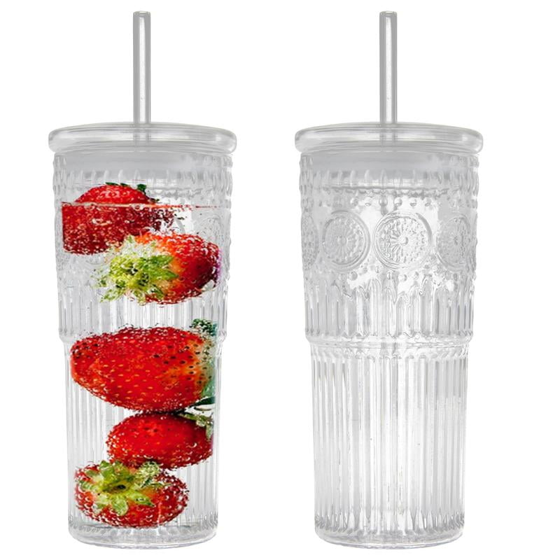 Glass Iced Coffee Cup With Lids and Straws，20OZ High Borosilicate Glass ...
