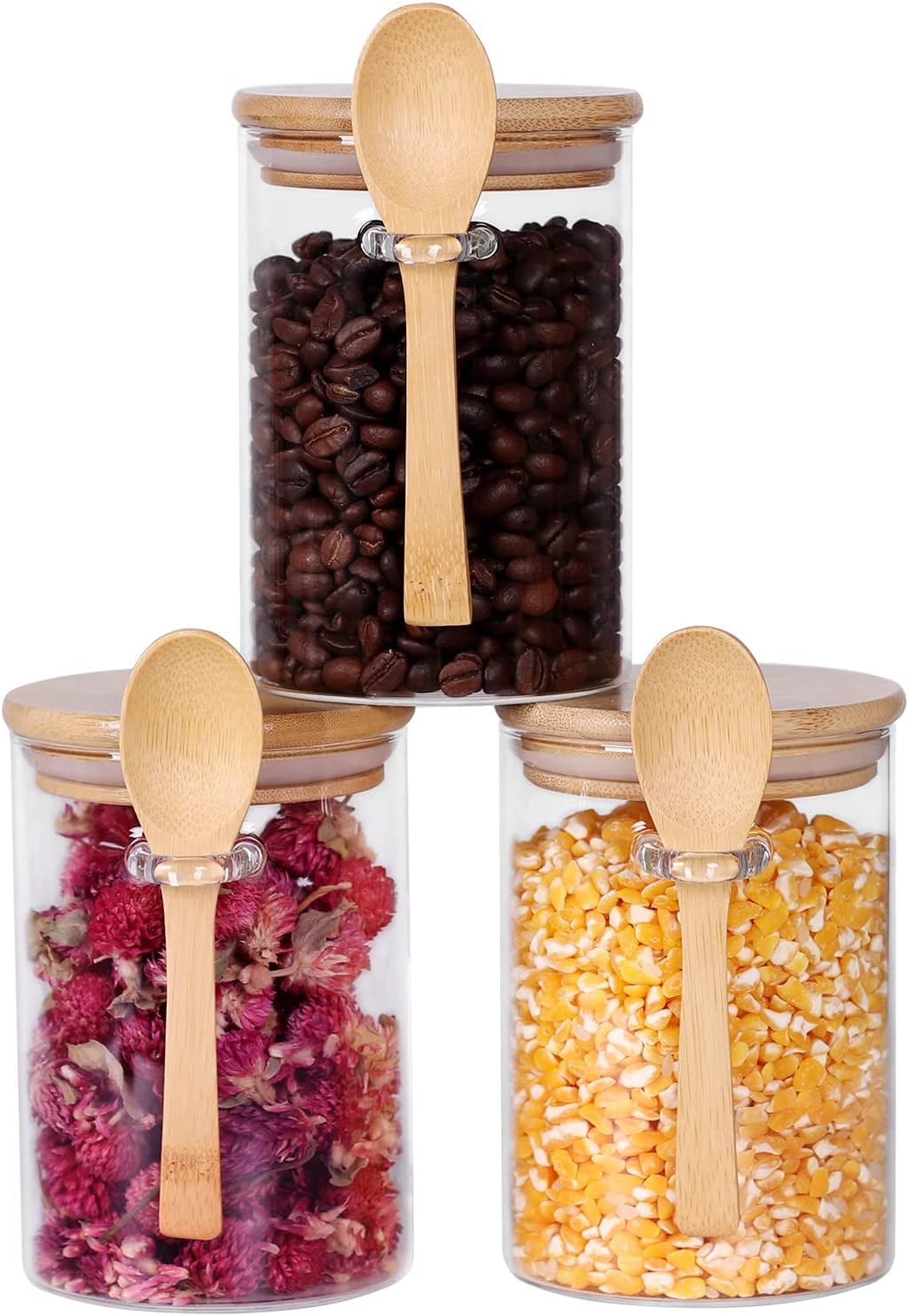 Glass Jars with Bamboo Lids and Spoon, 17 OZ Set of 3 Small Glass Sugar ...