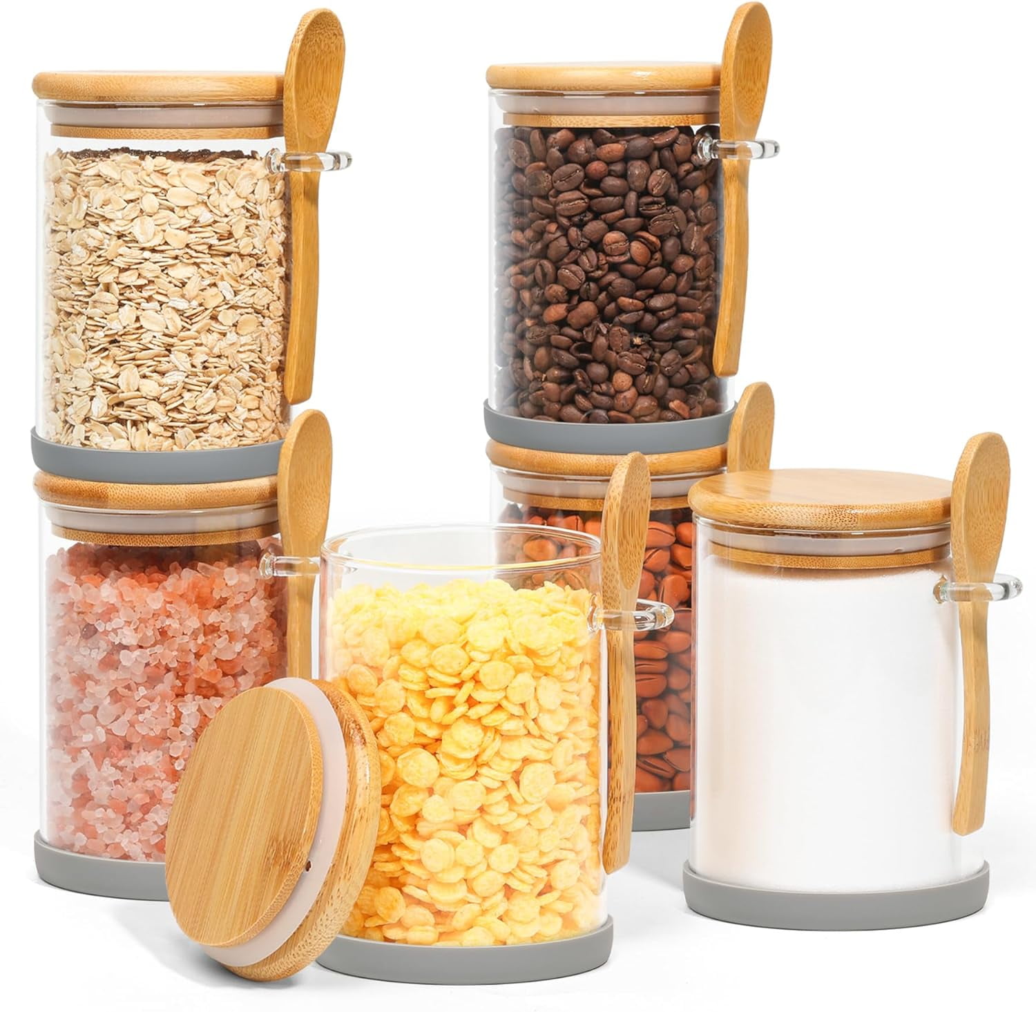 19oz Set of 6 Glass Jars with Bamboo Lids & Spoons, Sealed Kitchen ...