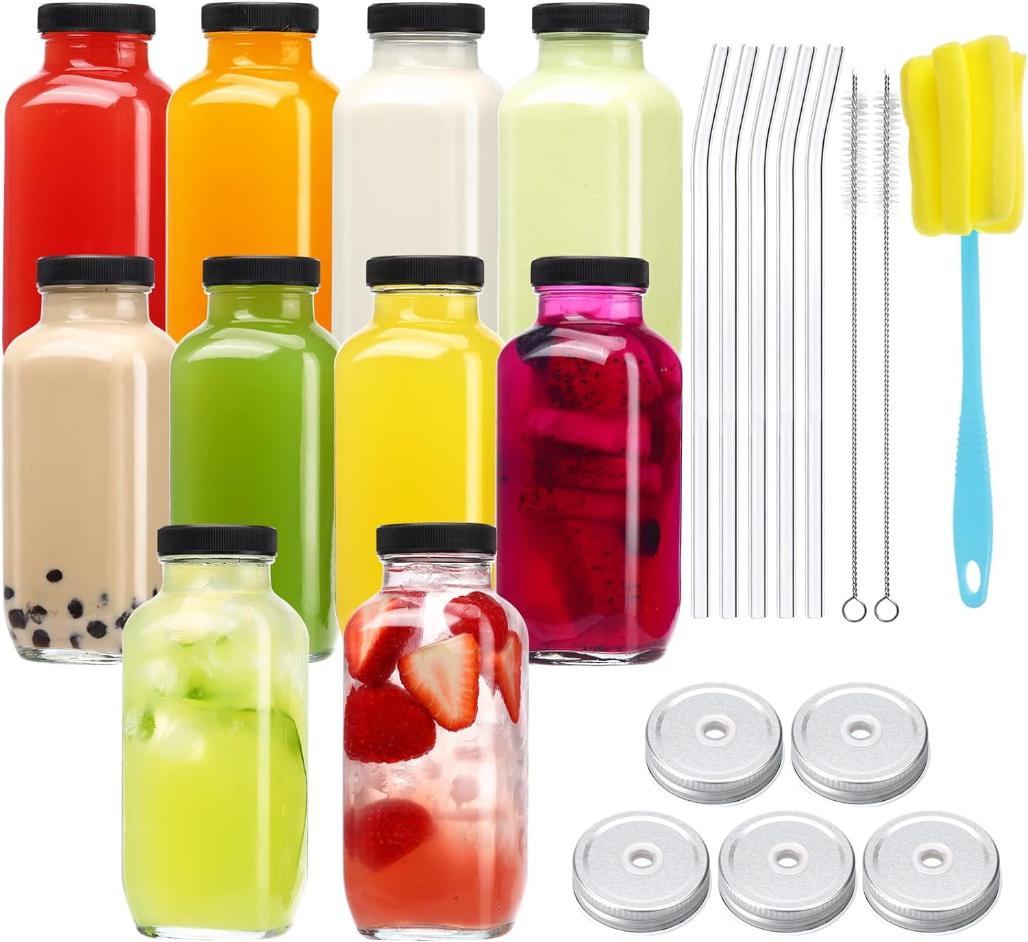 Glass Juice Bottles with Lids, Reusable Juice Containers Drinking Jars ...