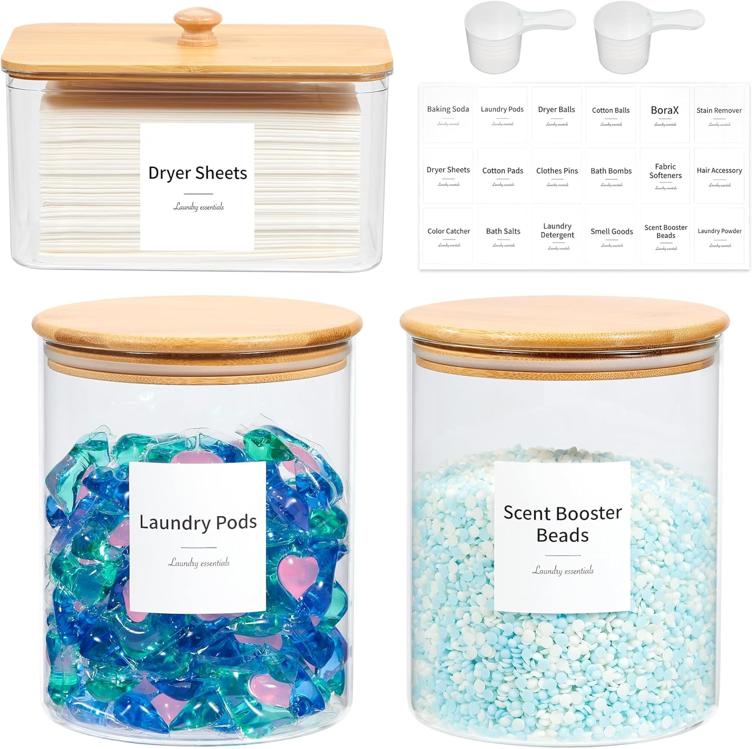 Glass Laundry Pods Container & Acrylic Dryer Sheet Holder with Bamboo ...