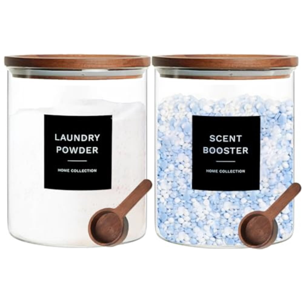 Glass Laundry Storage Containers with Acacia Lids and Scoops 2 Pack ...