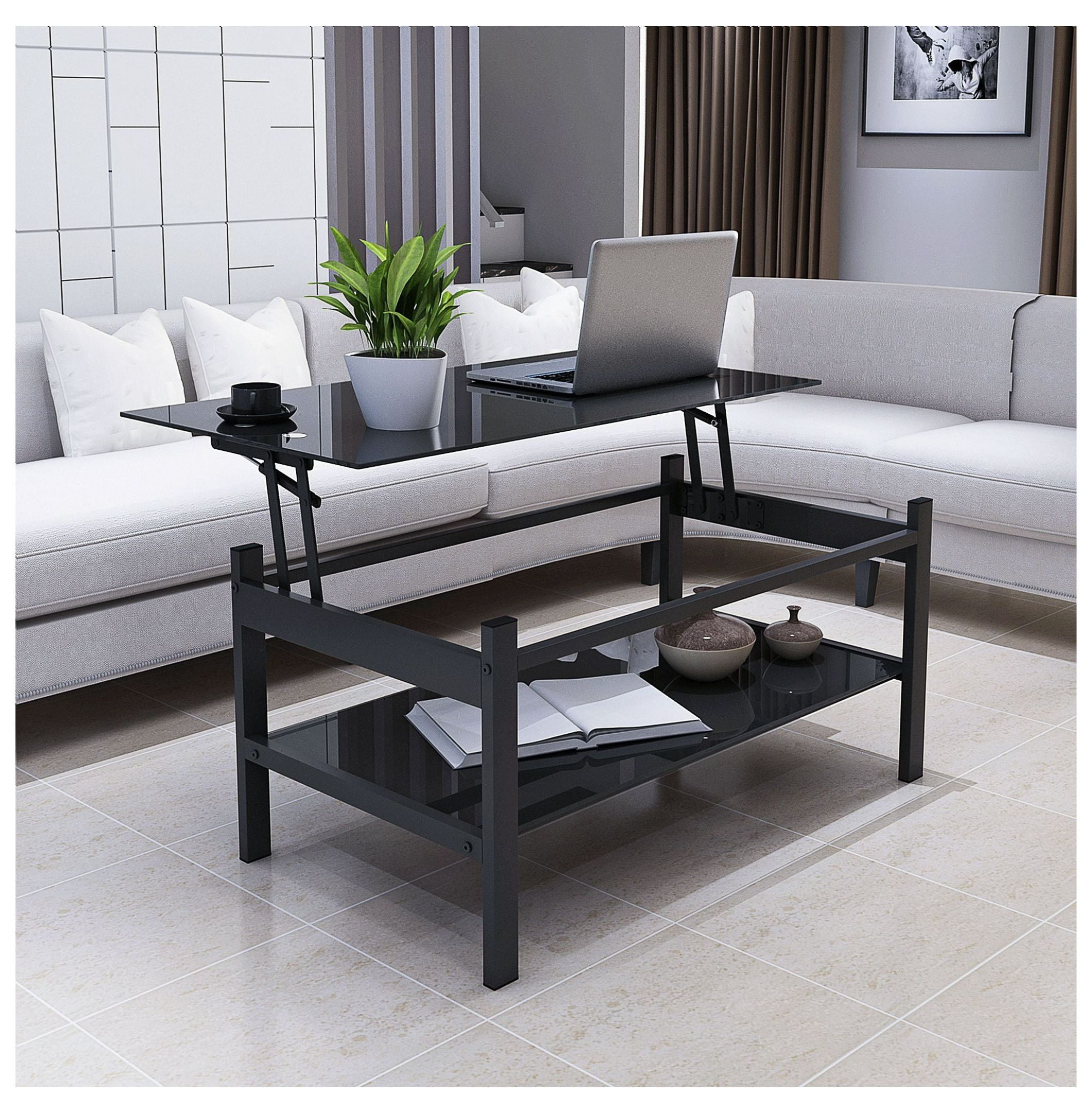 Glass Lift Top Coffee Table, Modern Simple 2-Layer Tempered Glass ...