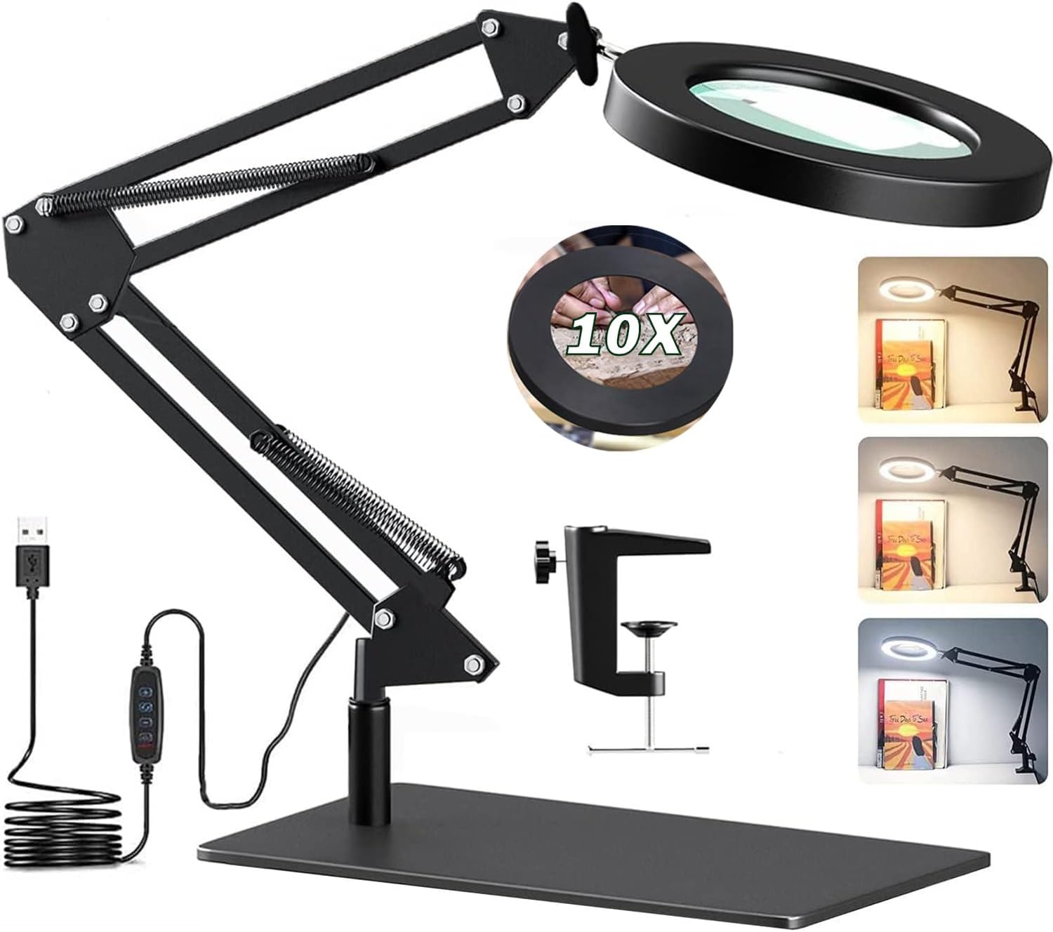 Glass with Light and Stand,10X Magnifying LED Desk Lamp with Base ...