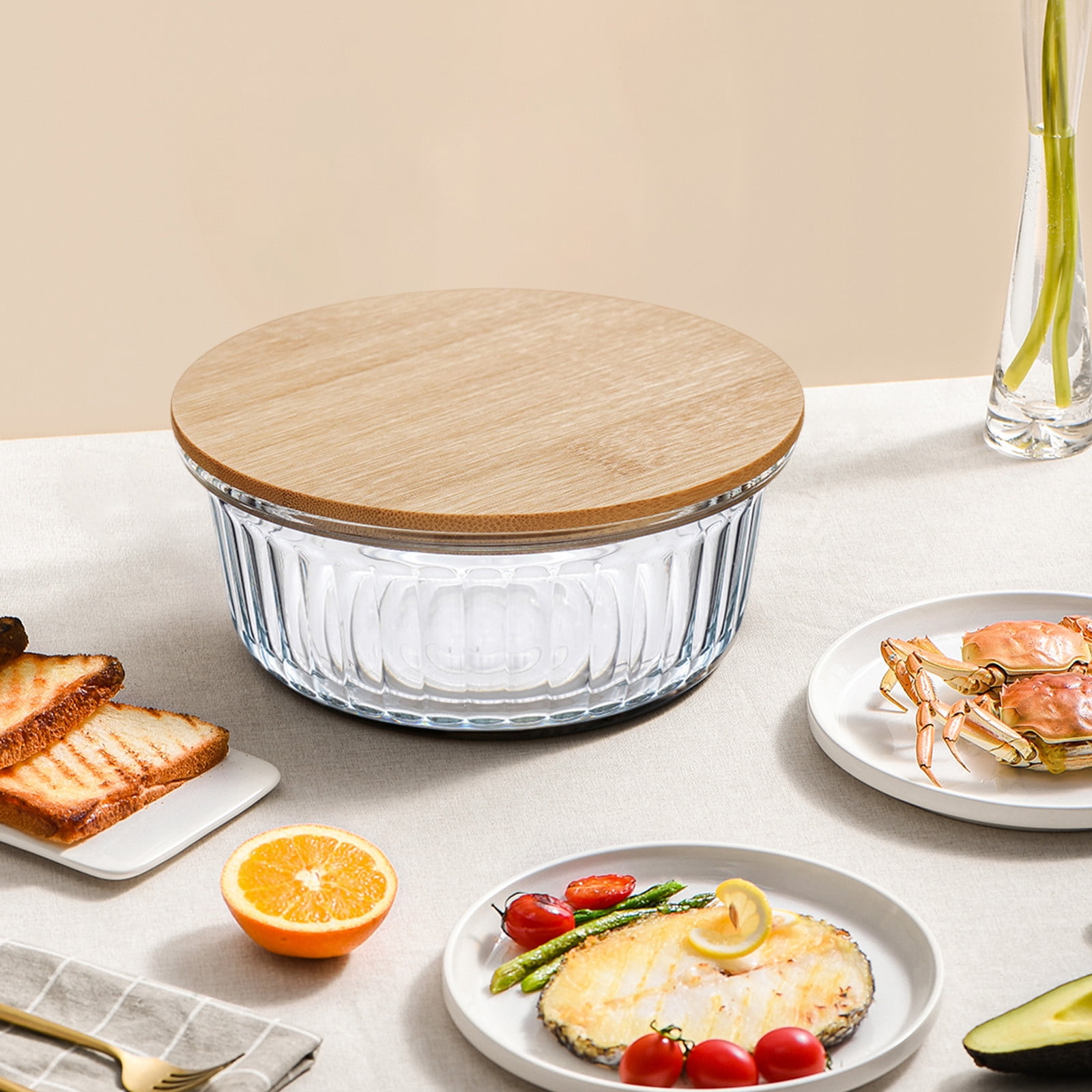 Glass Lunch Box with Wooden Lid - 14.9x6.2cm Round Bento Box ...