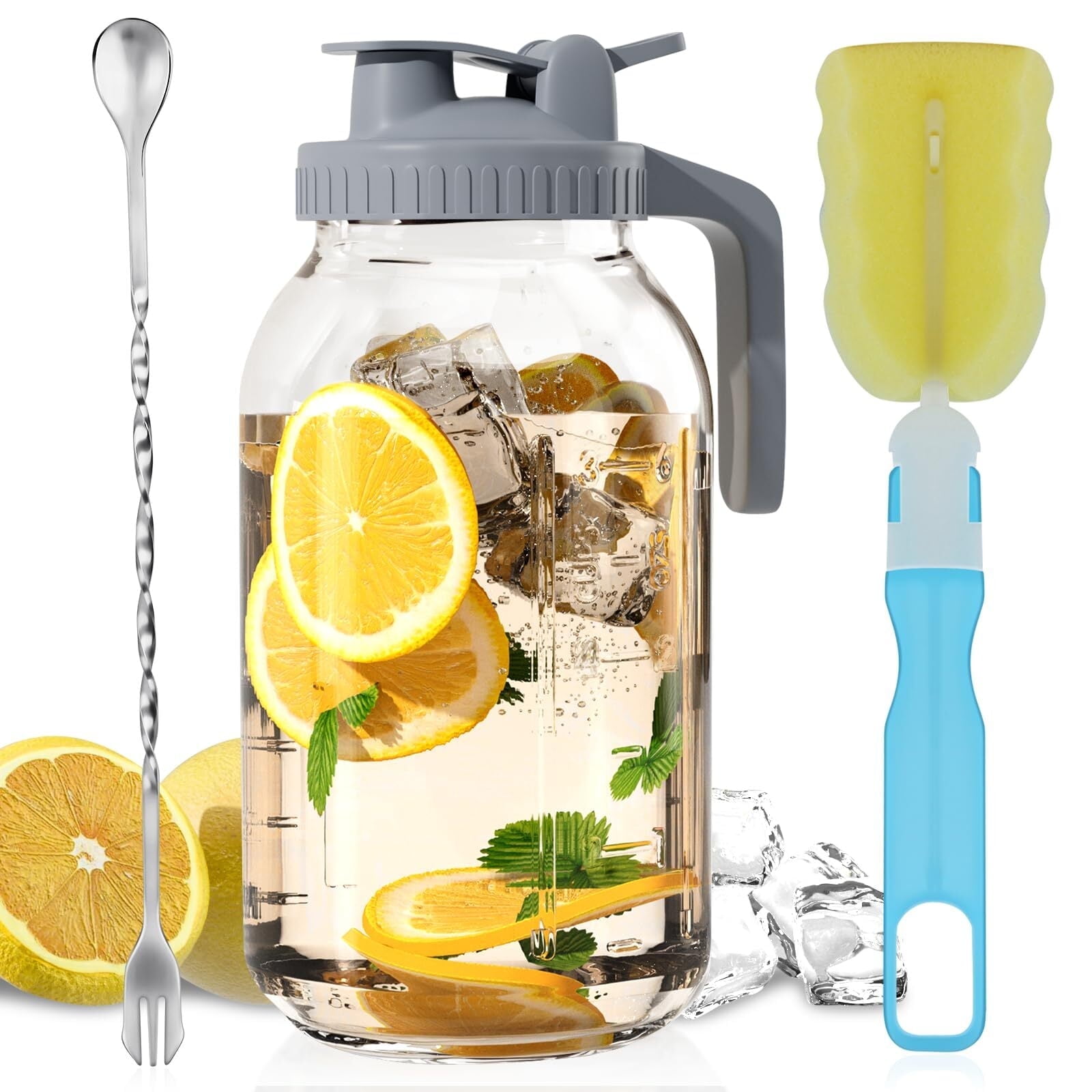 Glass Mason Jar Pitcher - 64oz with Pour Spout Lid, Airtight Seal ...