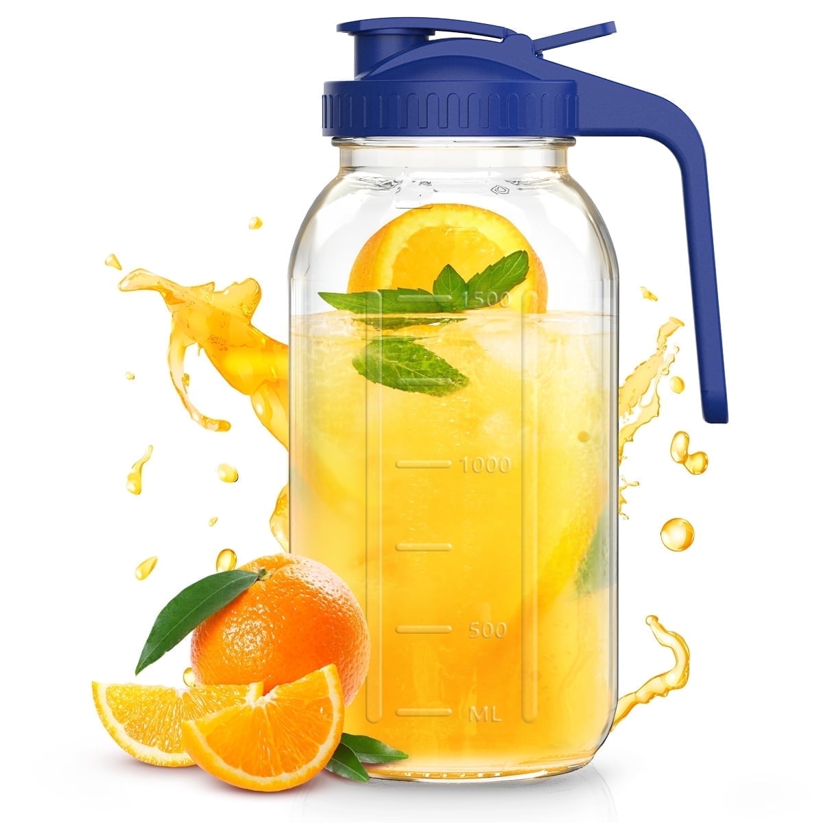 Xueyu Glass Mason Jar Pitcher, 64 oz, Wide Mouth, Handle, Pour Spout ...