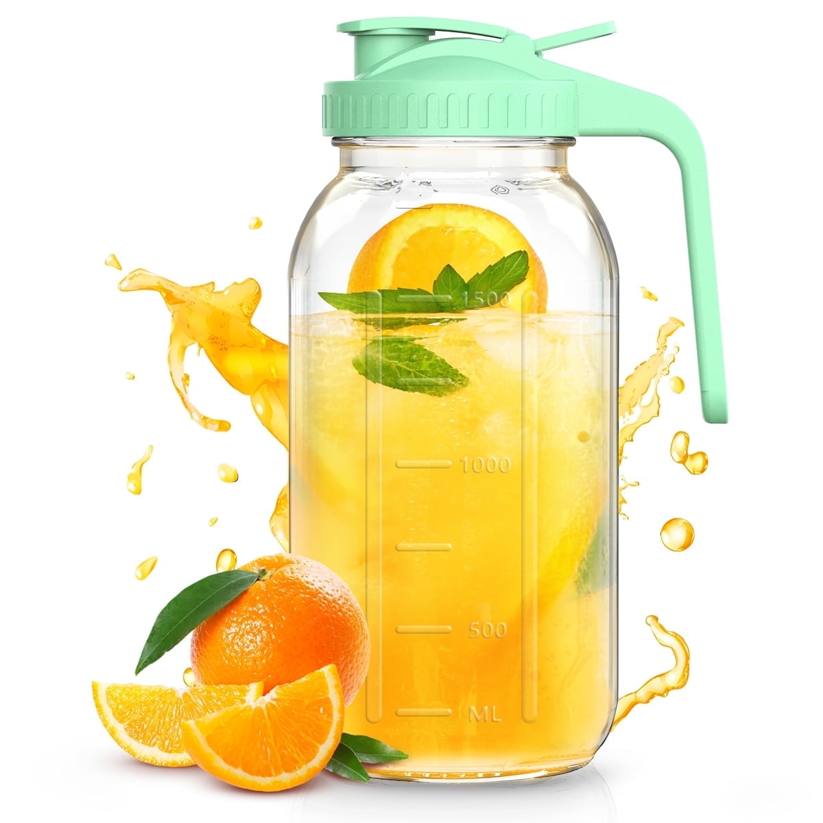 Glass Mason Jar Pitcher with Handle and Flip Cap 64 oz (2 Quart) Wide ...