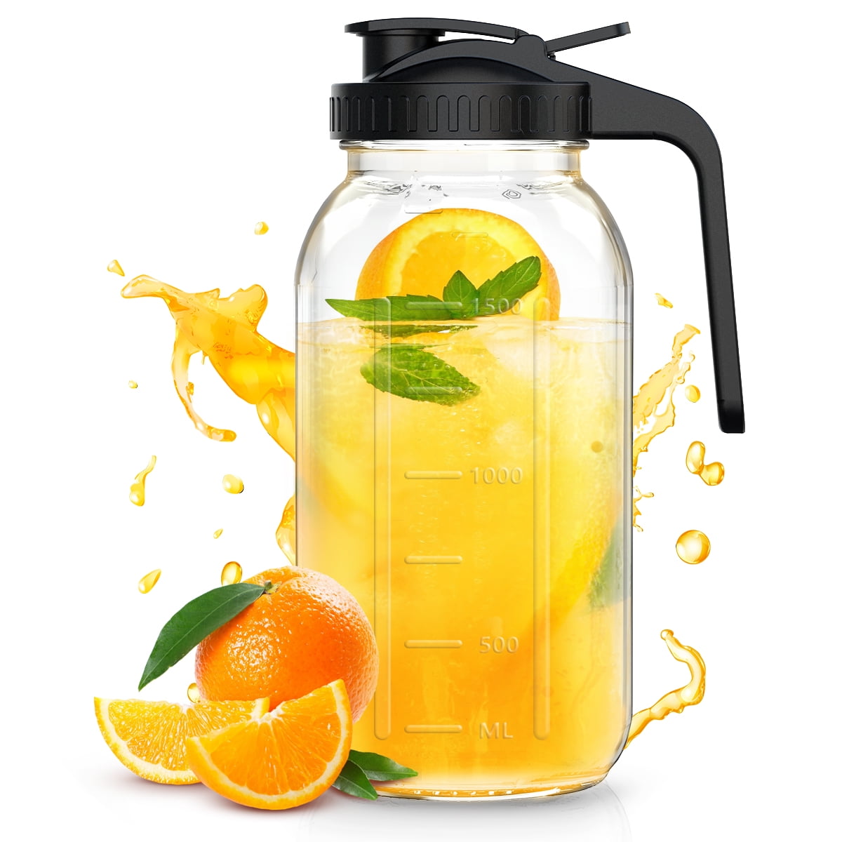 Glass Mason Jar Pitcher with Handle and Flip Cap 64 oz (2 Quart) Wide ...