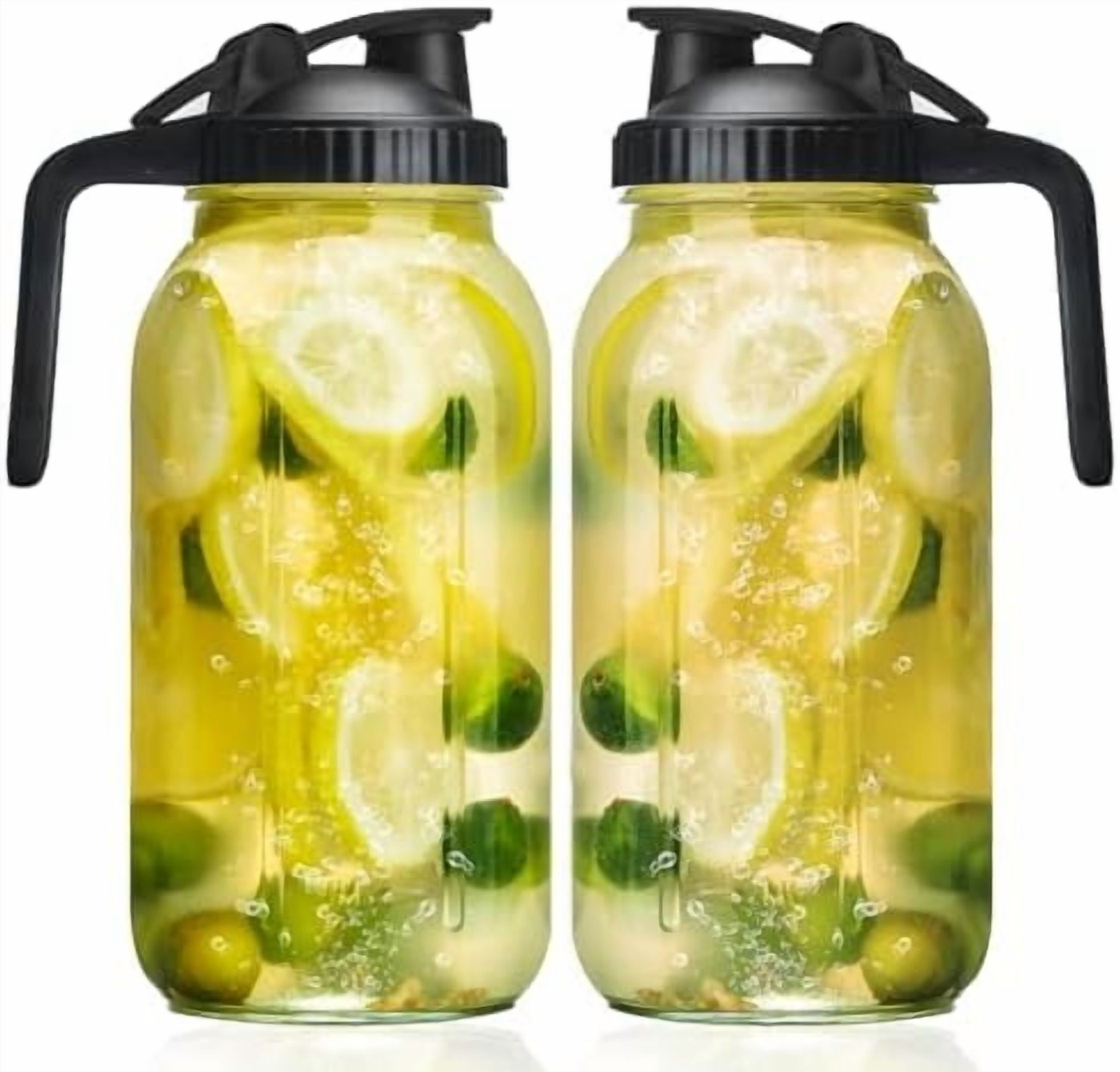 Glass Mason Jars Pitcher 64 Oz Pour Spout Lids & Handle (2 Pack) Wide ...