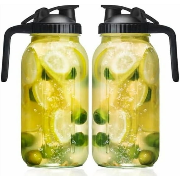 Glass Mason Jars Pitcher 64 Oz Pour Spout Lids & Handle (2 Pack) Wide ...