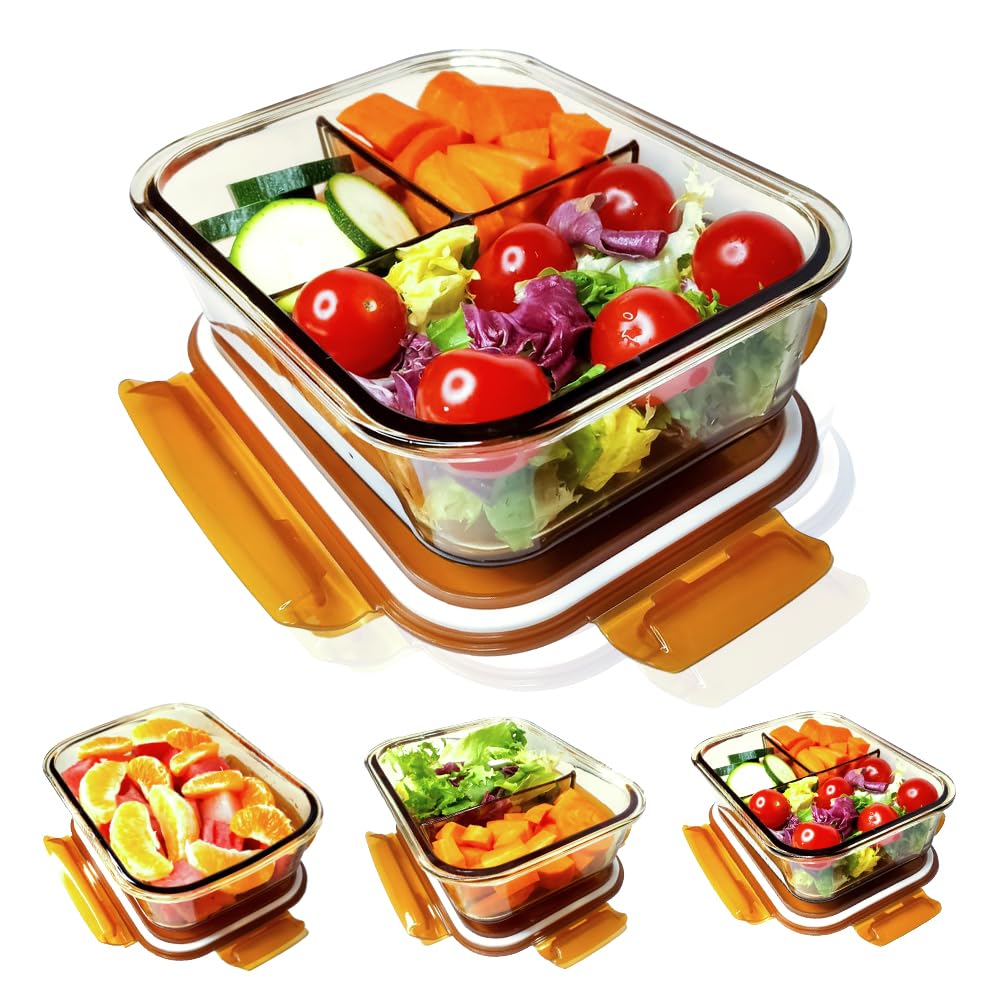 Glass Meal Prep Containers - 1, 2 & 3 Compartment (3 Pack, 36 oz ...
