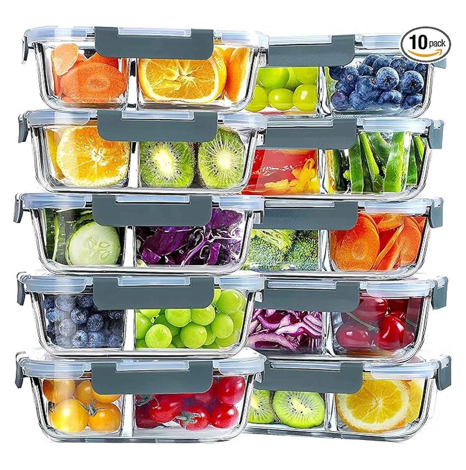 Glass Meal Prep Containers 10 Pack, 30oz 2 Compartment, Airtight Glass ...