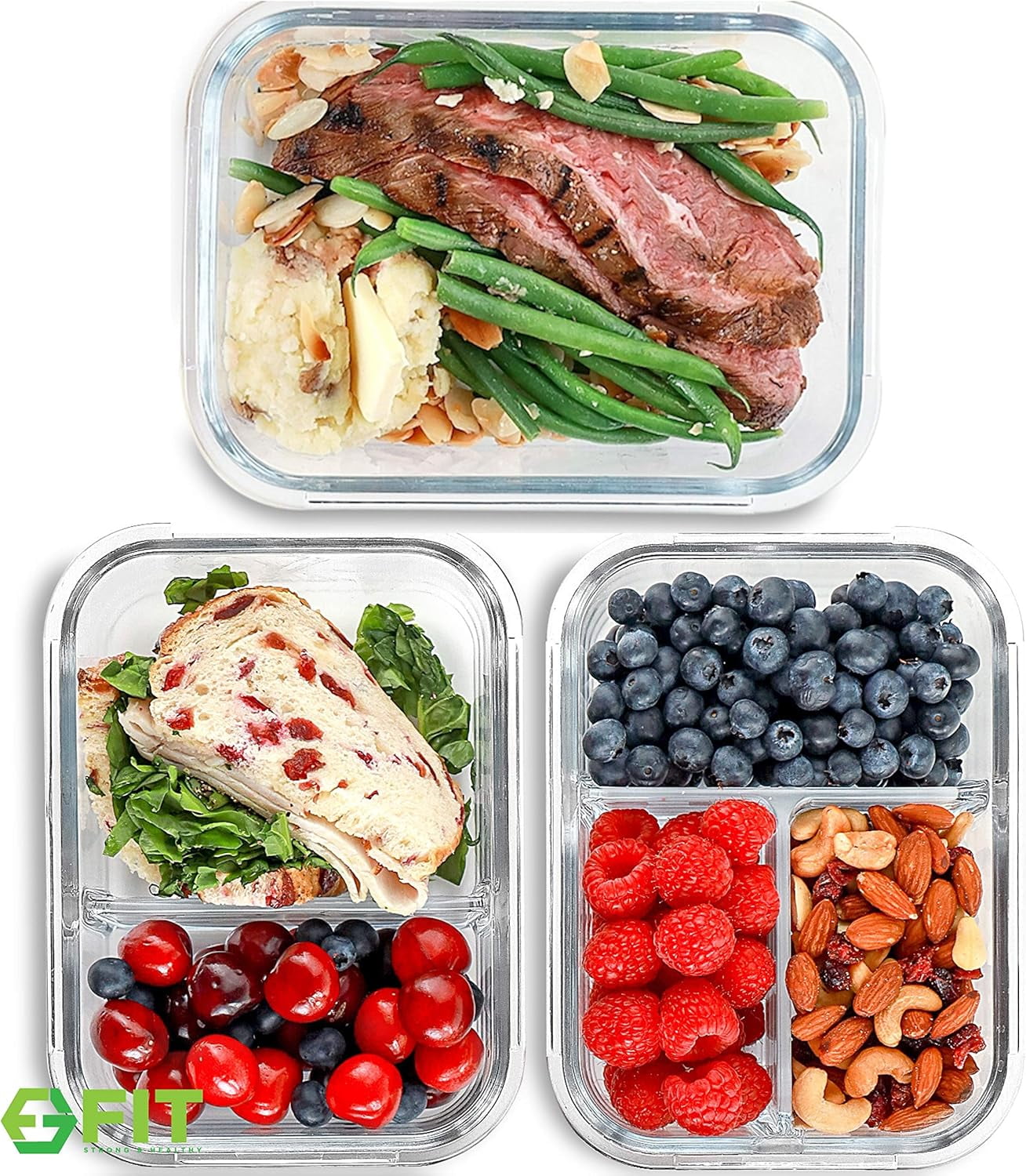 Glass Meal Prep Containers, 2 & 3 Compartments - Portion Control, Lunch ...