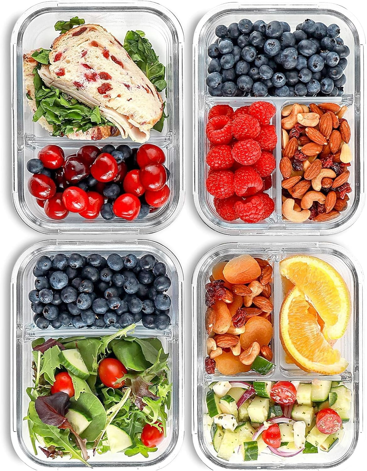 Glass Meal Prep Containers, 2 & 3 Compartments - Portion Control, Lunch ...