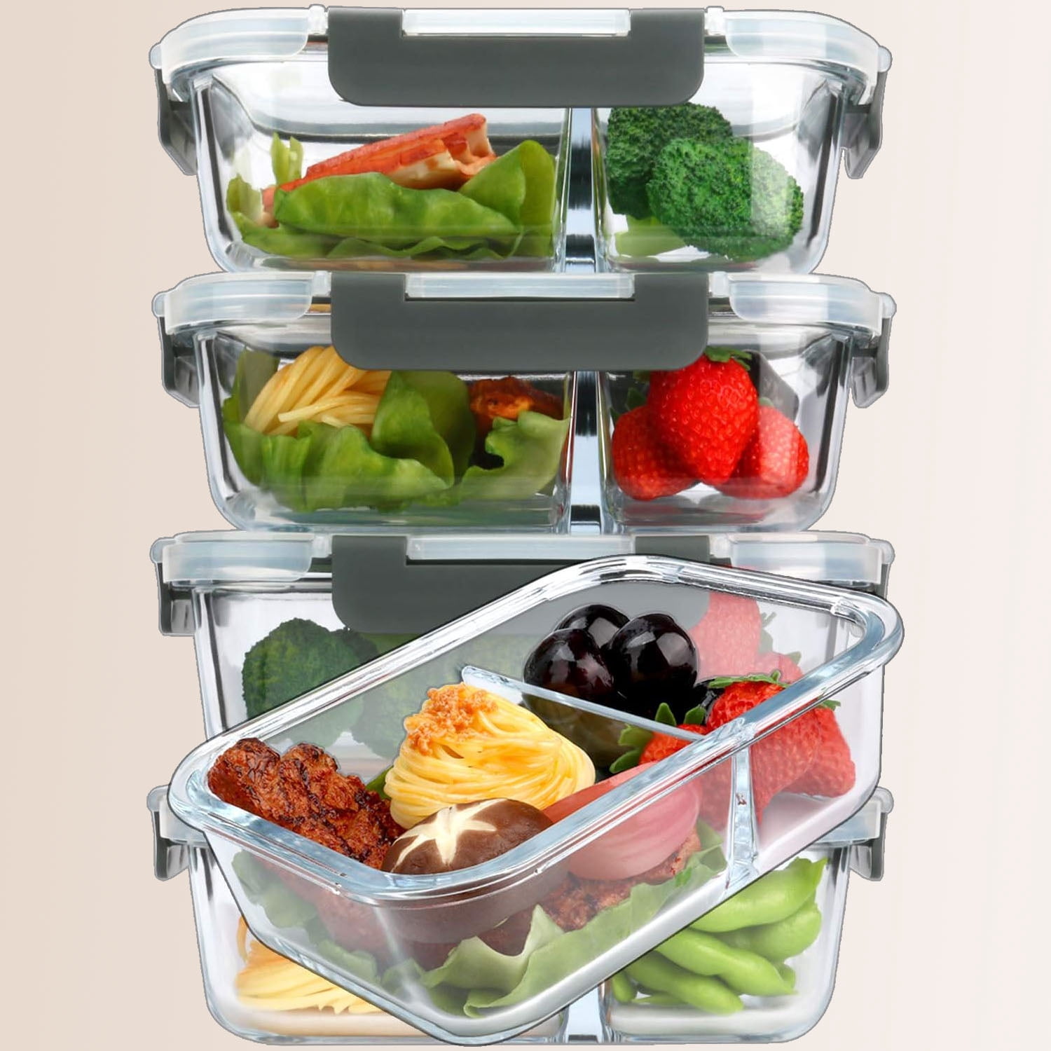 Glass Meal Prep Containers 2 Compartments Portion Control with Snap ...