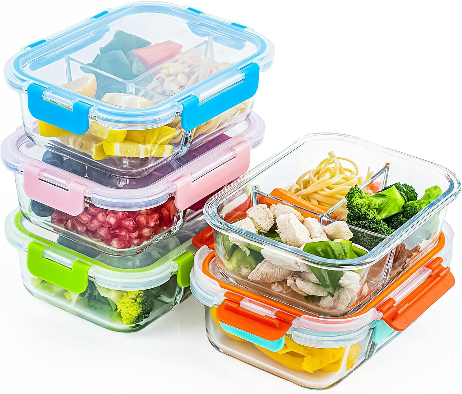 Glass Meal Prep Containers 3 Compartment with Lids (5 Pack, 36oz ...