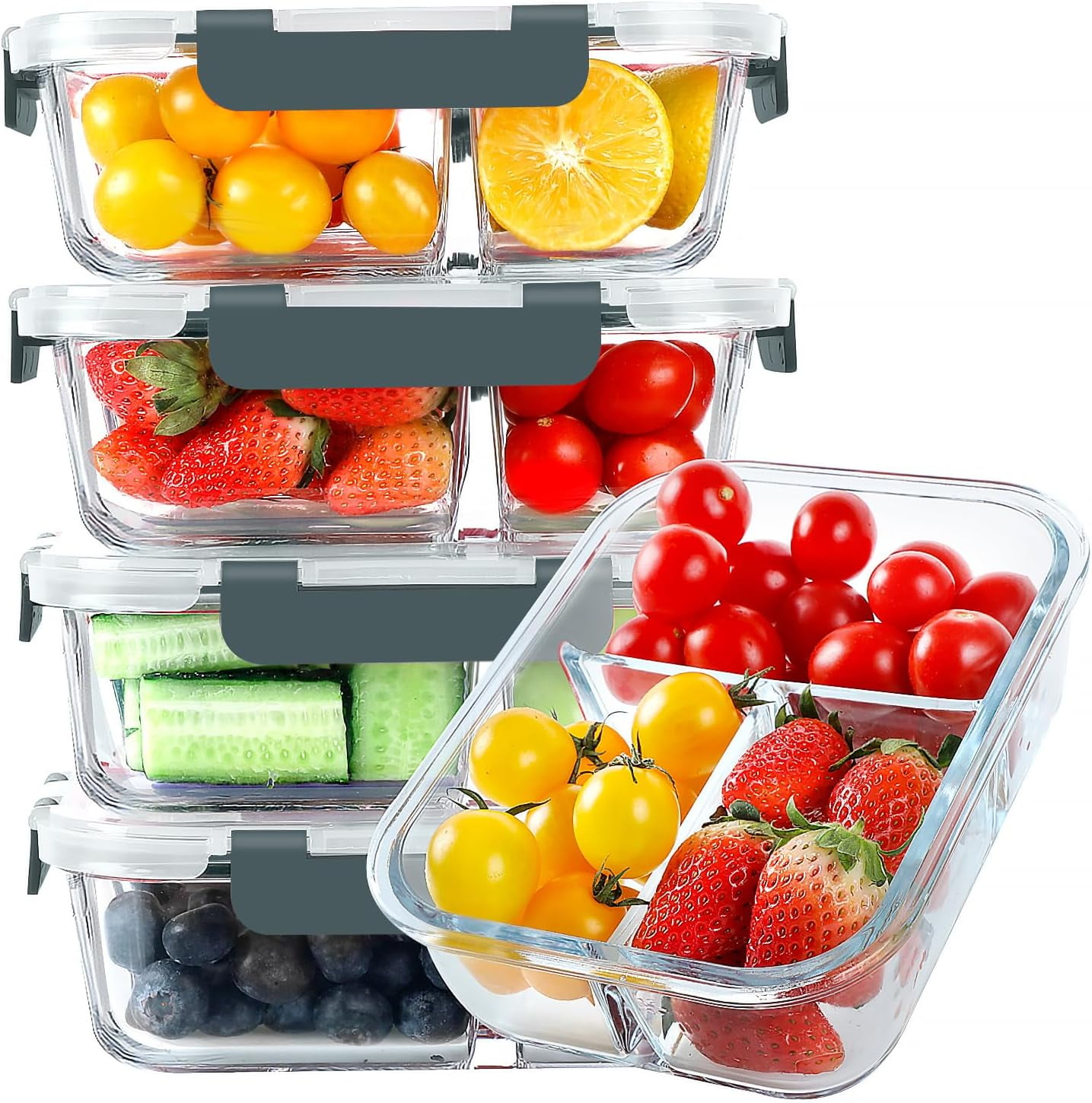 Glass Meal Prep Containers 3 Compartments, 5 Pack 36 oz, Glass Food Storage Containers with Lids ...