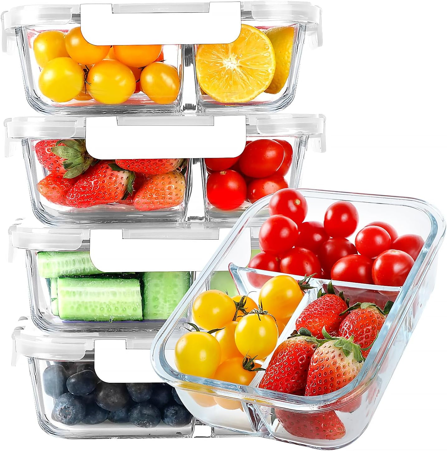 5 Pack 36oz Glass Meal Prep Containers 3 Compartments, Airtight Bento ...