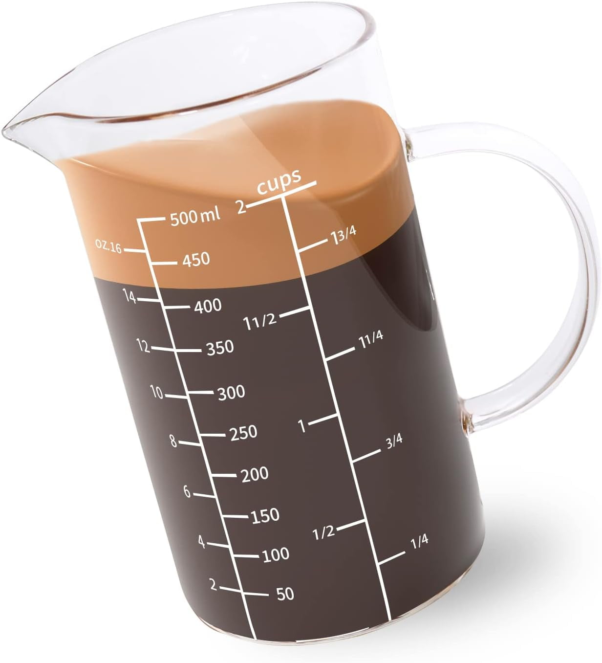 Glass Measuring Cup with Handle - 500ml (0.5 Liter, 2 Cup) - Three Scales (OZ, Cup, ML) - High ...